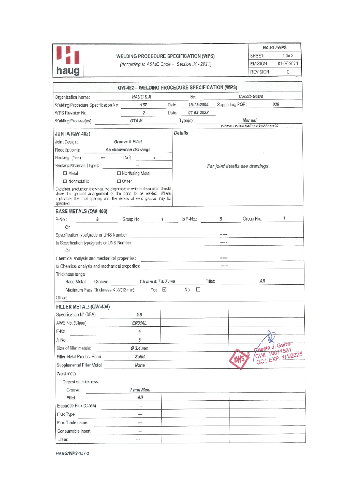 WPS-157-2-GTAW ER316L 6G INOX ASME-IX ENG - Metal mecanica - Studocu