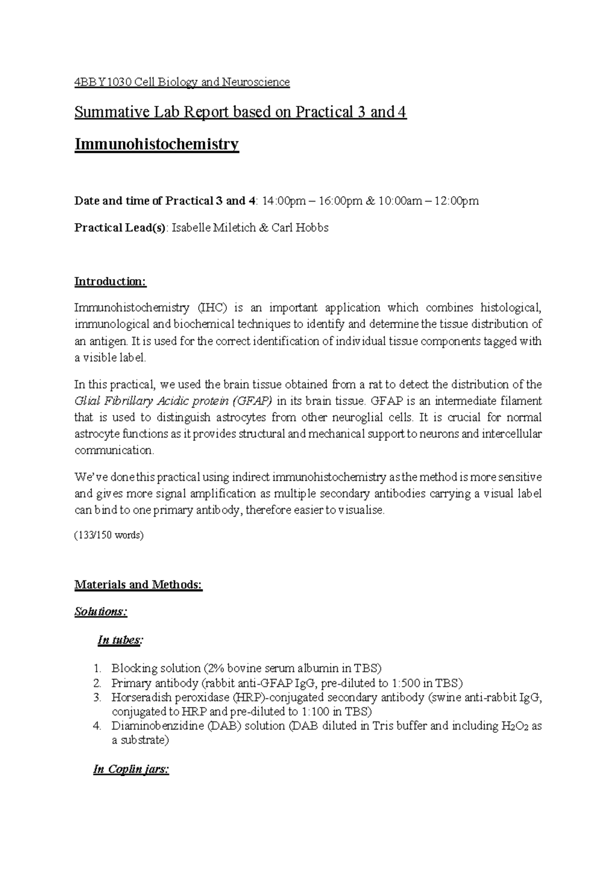 Summative lab report Cell Bio Immunohistochemistry - 4BBY1030 Cell ...