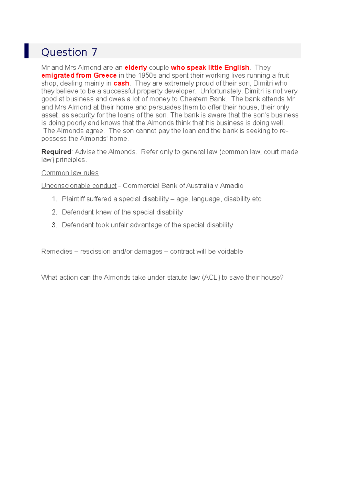Unconscionable conduct exam example - Question 7 Mr and Mrs Almond are ...