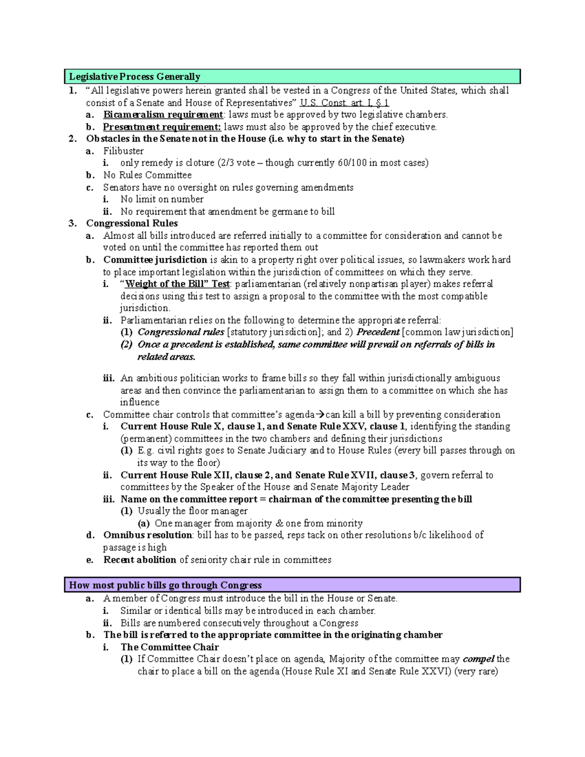 Legislation Law Outline - 2 - Legislative Process Generally “All ...