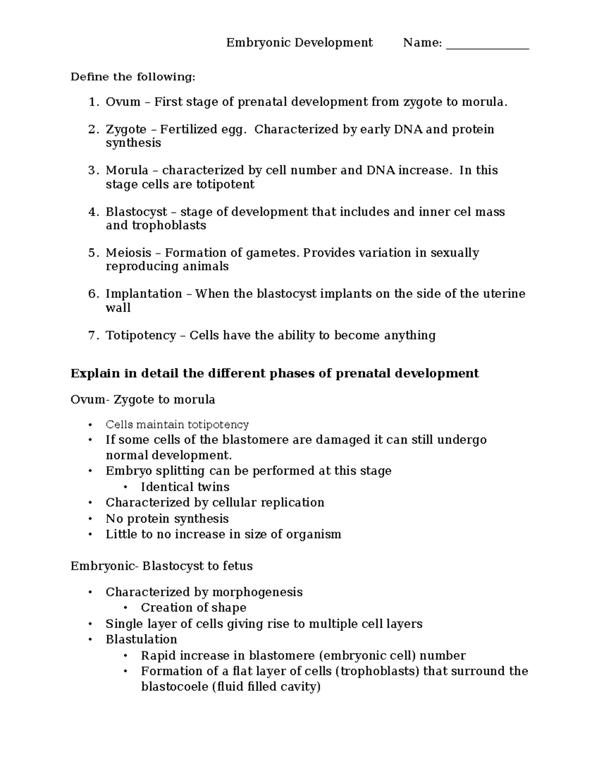 Embryonic Development Wskey - Embryonic Development Name ...