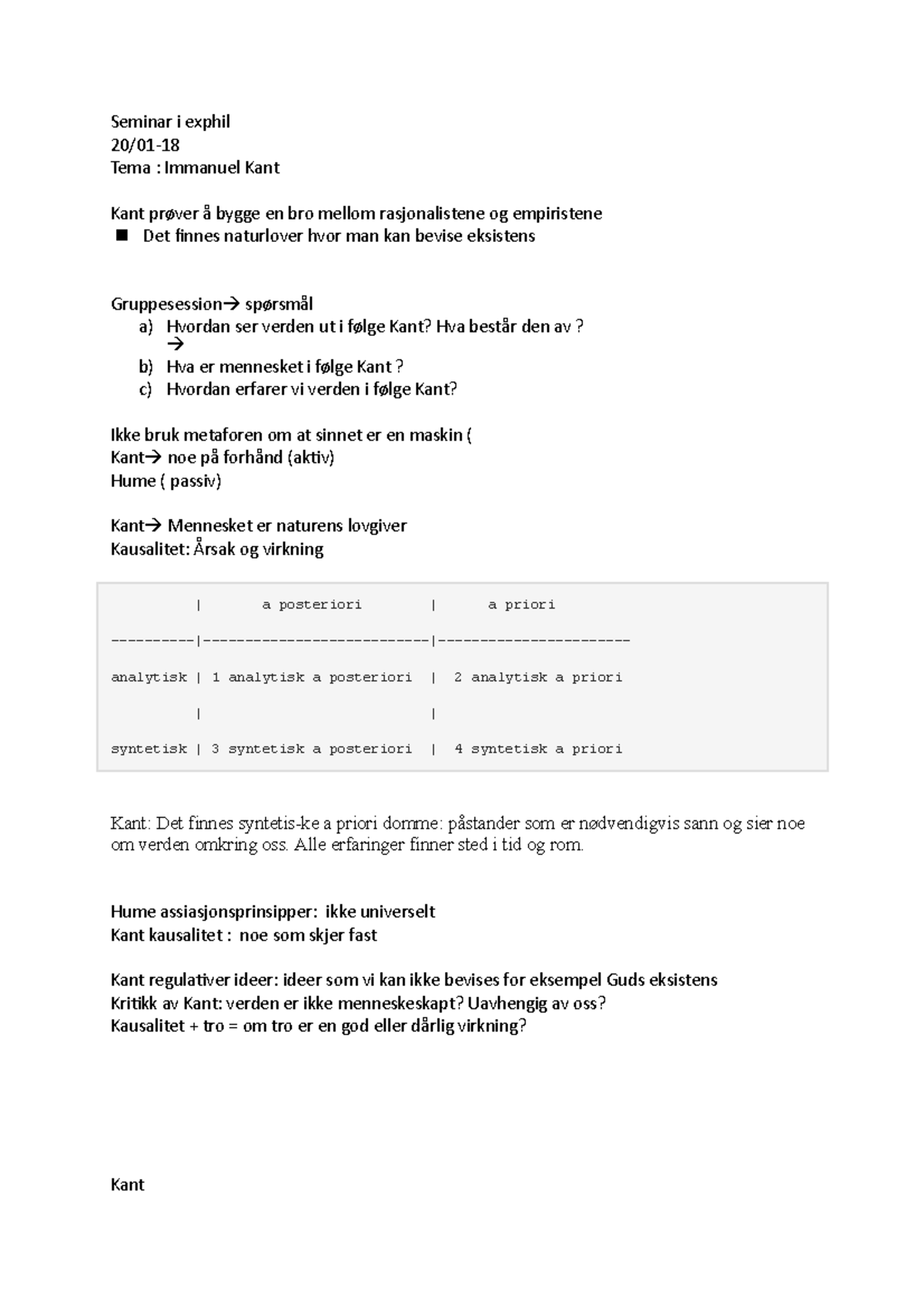 Seminar i exphil - Seminar i exphil 20/01- Tema : Immanuel Kant Kant prøver å bygge en bro ...