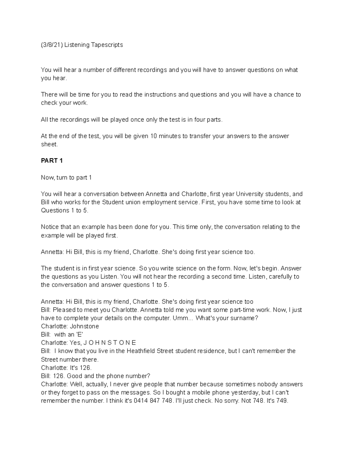 Tapescript for test 2 student employment bureau - (3/8/21) Listening ...