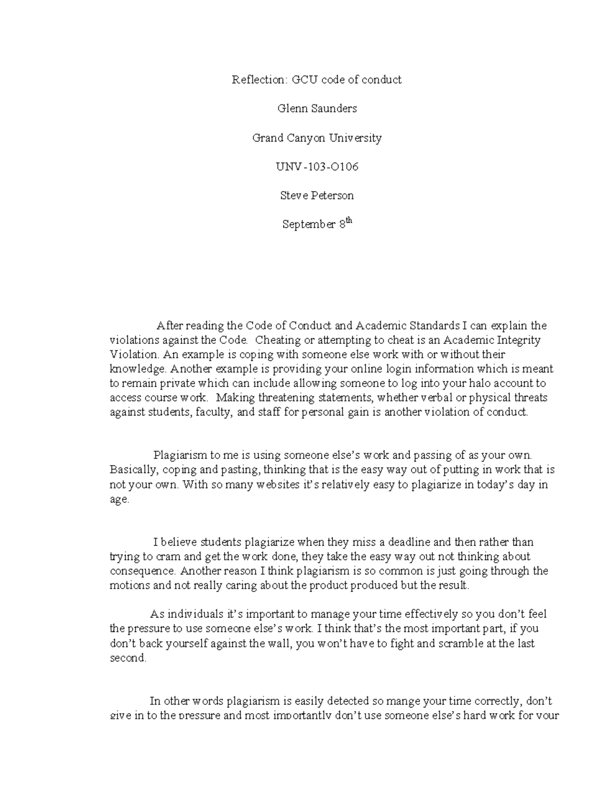 Gcu Code Course Work Reflection Gcu Code Of Conduct Glenn Saunders Grand Canyon University