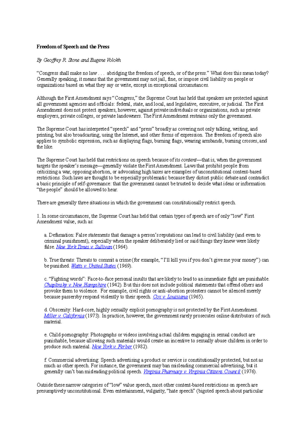 Freedom of Speech and the Press - Stone and Eugene Volokh “Congress ...