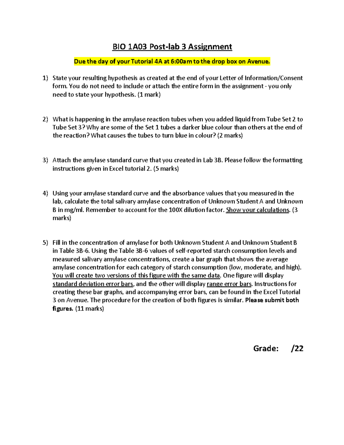 Post-lab 3 Assignment W2022, determining amylase concentration - BIO 1A03 Post-lab 3 Assignment ...