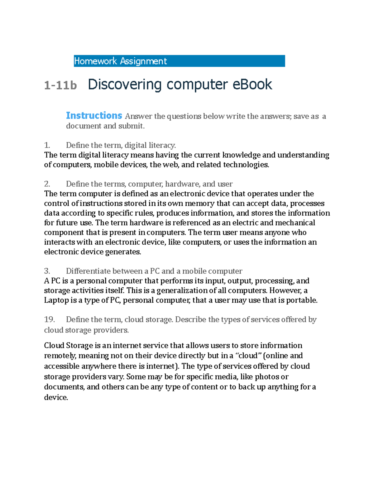 DC Chapter 1 Review - Homework Assignment 1-11b Discovering computer eBook Instructions Answer ...