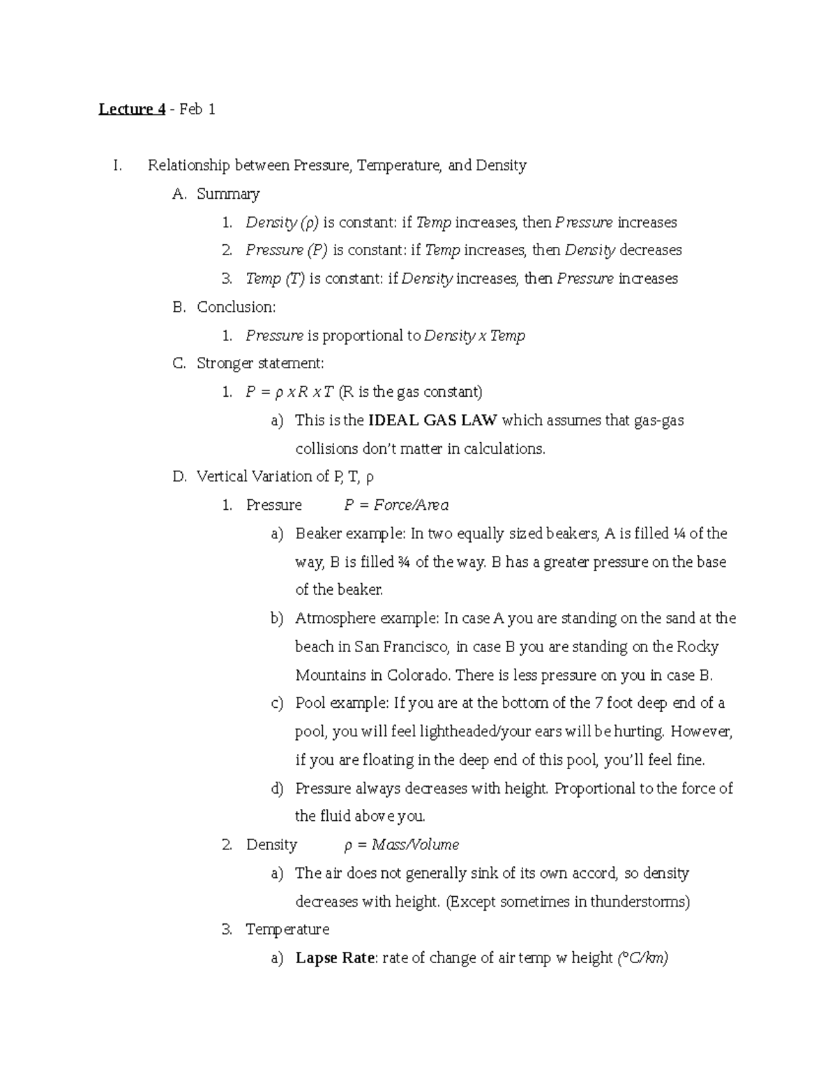 Lecture 4 - Feb 1 - Lecture 4 - Feb 1 I. Relationship between Pressure ...