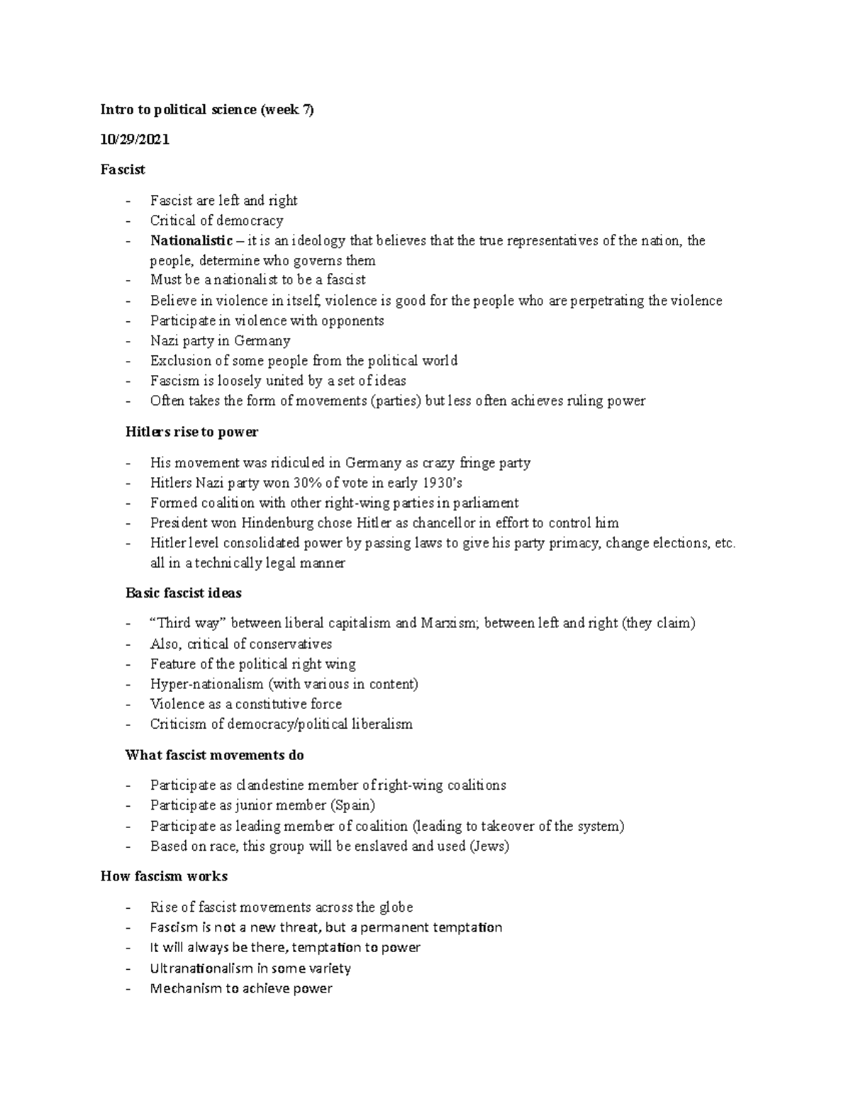 Intro to poli sci week 7 - Lecture notes 10-11 - Intro to political ...