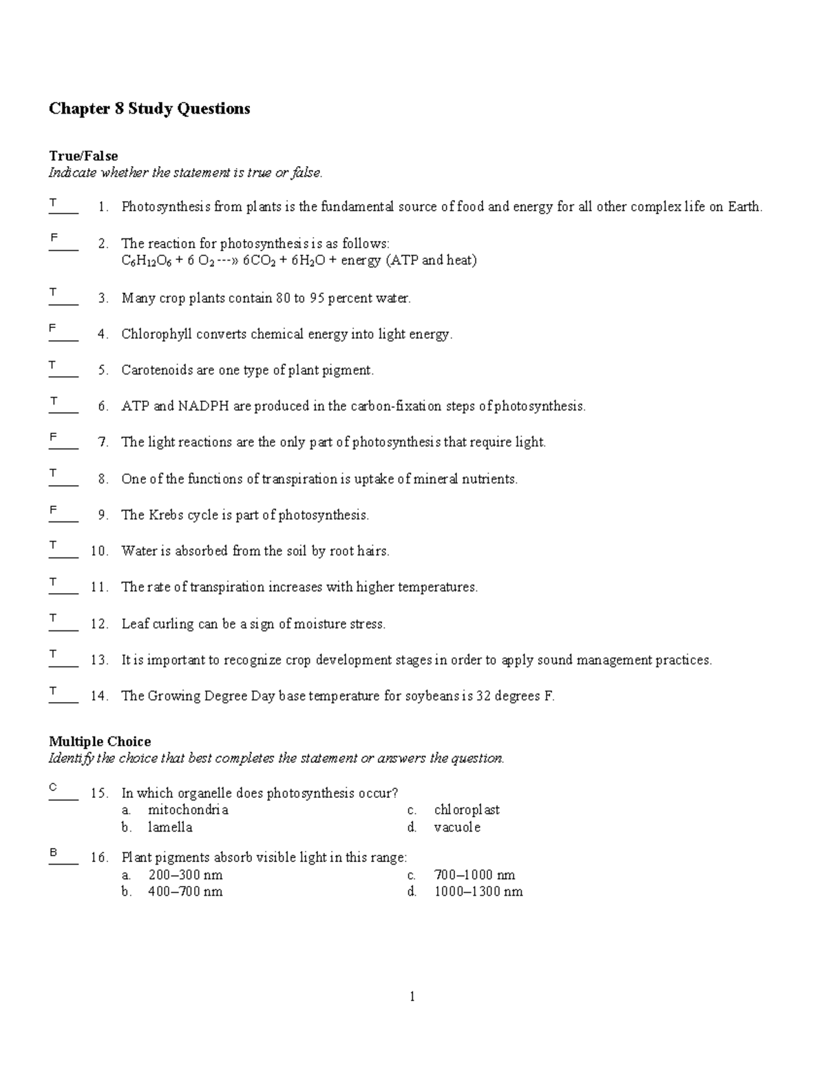 Chapter 8 Study Questions Name Class