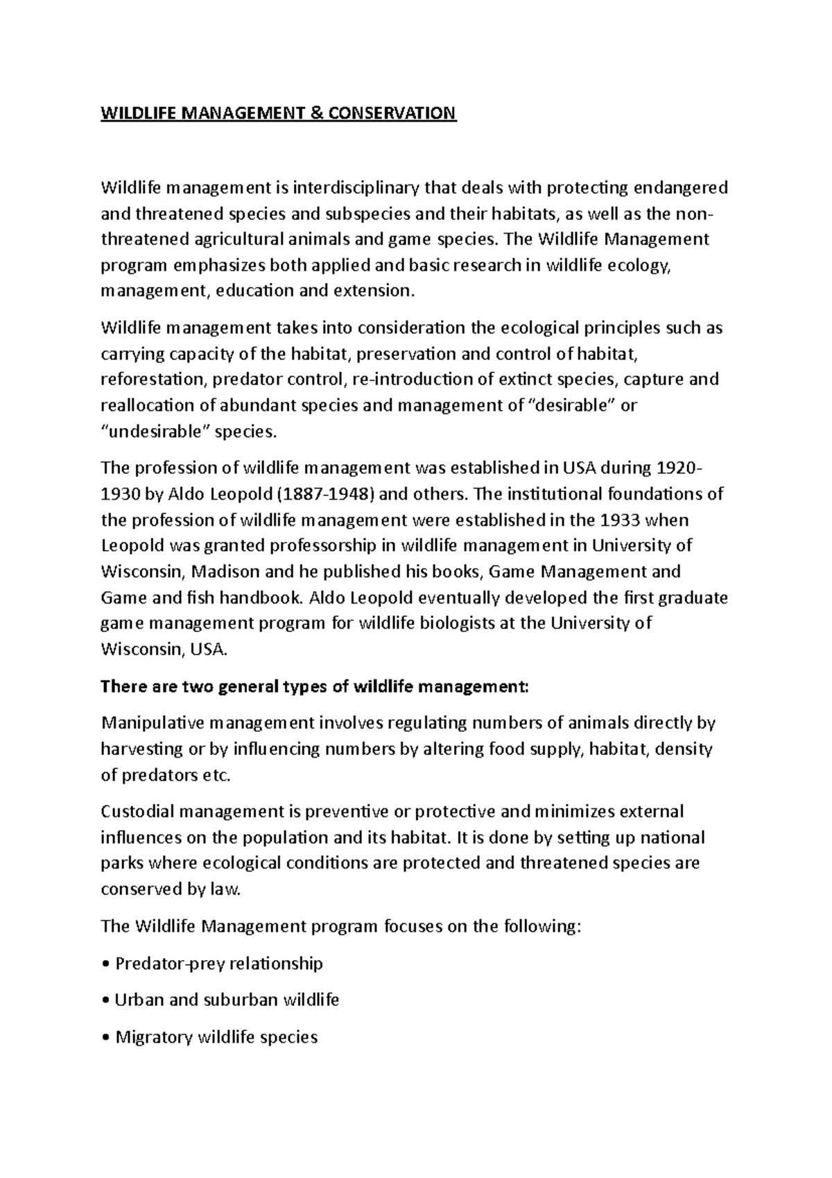 Wildlife management - Lecture notes 1-3 - WILDLIFE MANAGEMENT ...