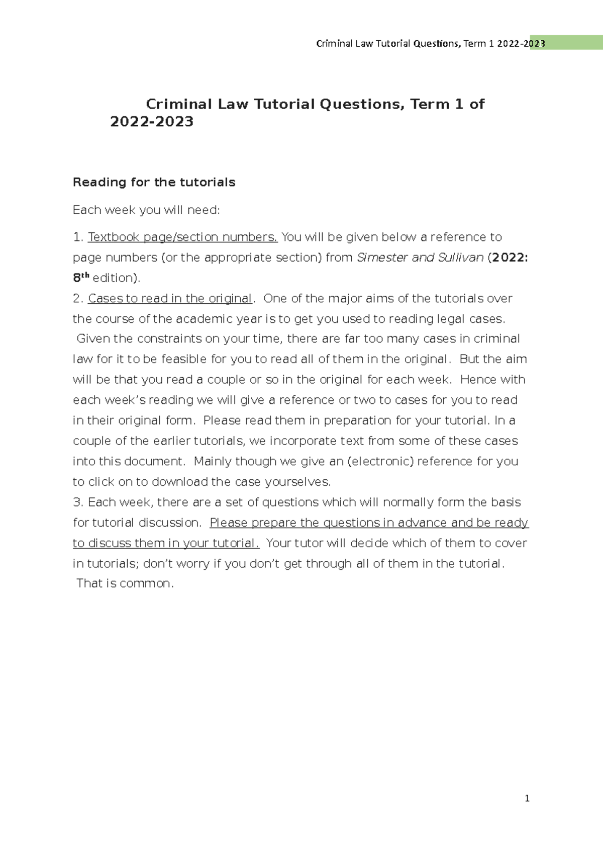 Criminal tutorial questions 2022-2023 - Criminal Law Tutorial Questions ...