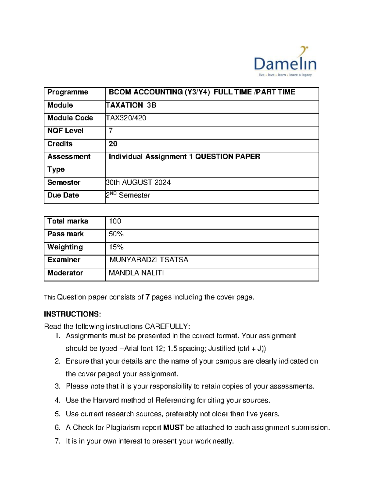 Question Paper- Taxation 3B - Assignment 1 2ND Semester 2024 - Programme BCOM ACCOUNTING (Y3/Y4 ...