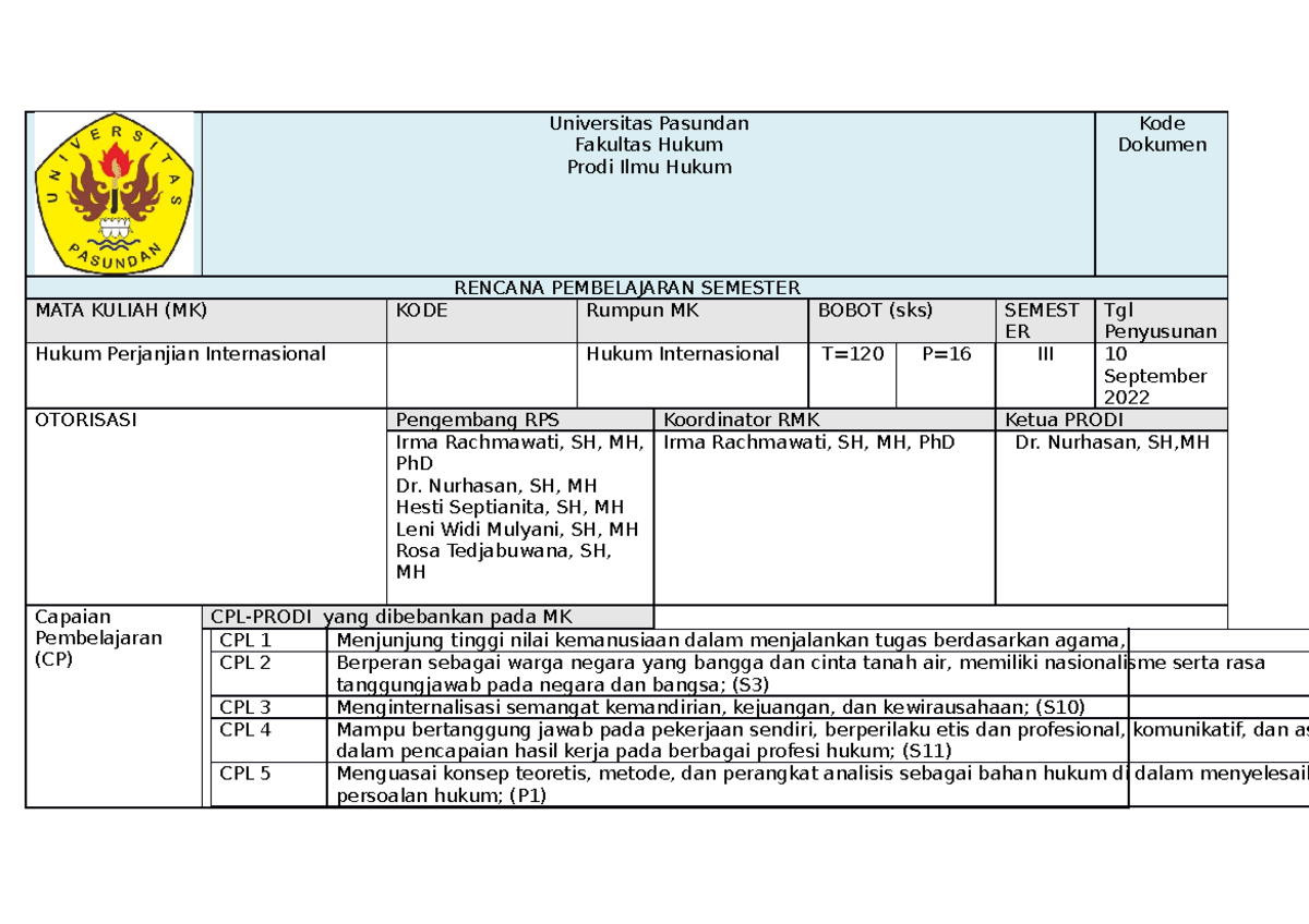 RPS Hukum Perjanjian Internasional - Universitas Pasundan Fakultas Hukum Prodi Ilmu Hukum Kode ...