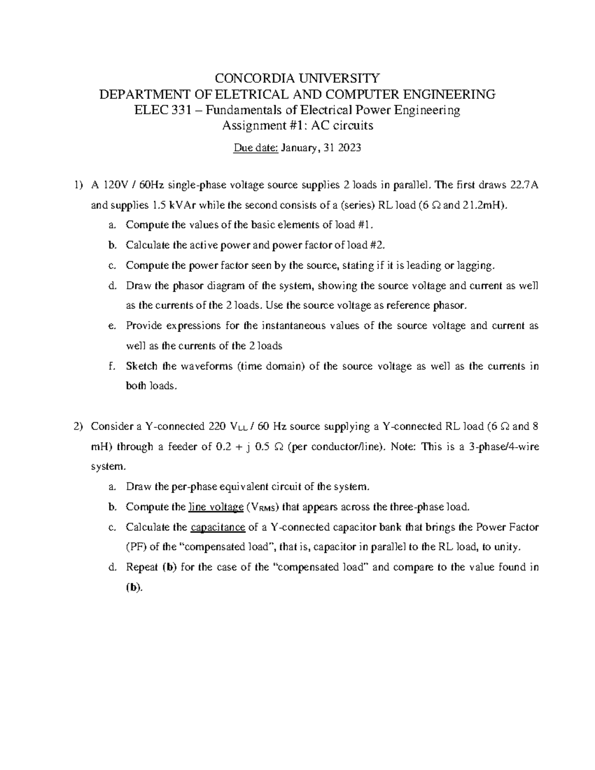 Assignment #1-W23 - CONCORDIA UNIVERSITY DEPARTMENT OF ELETRICAL AND ...