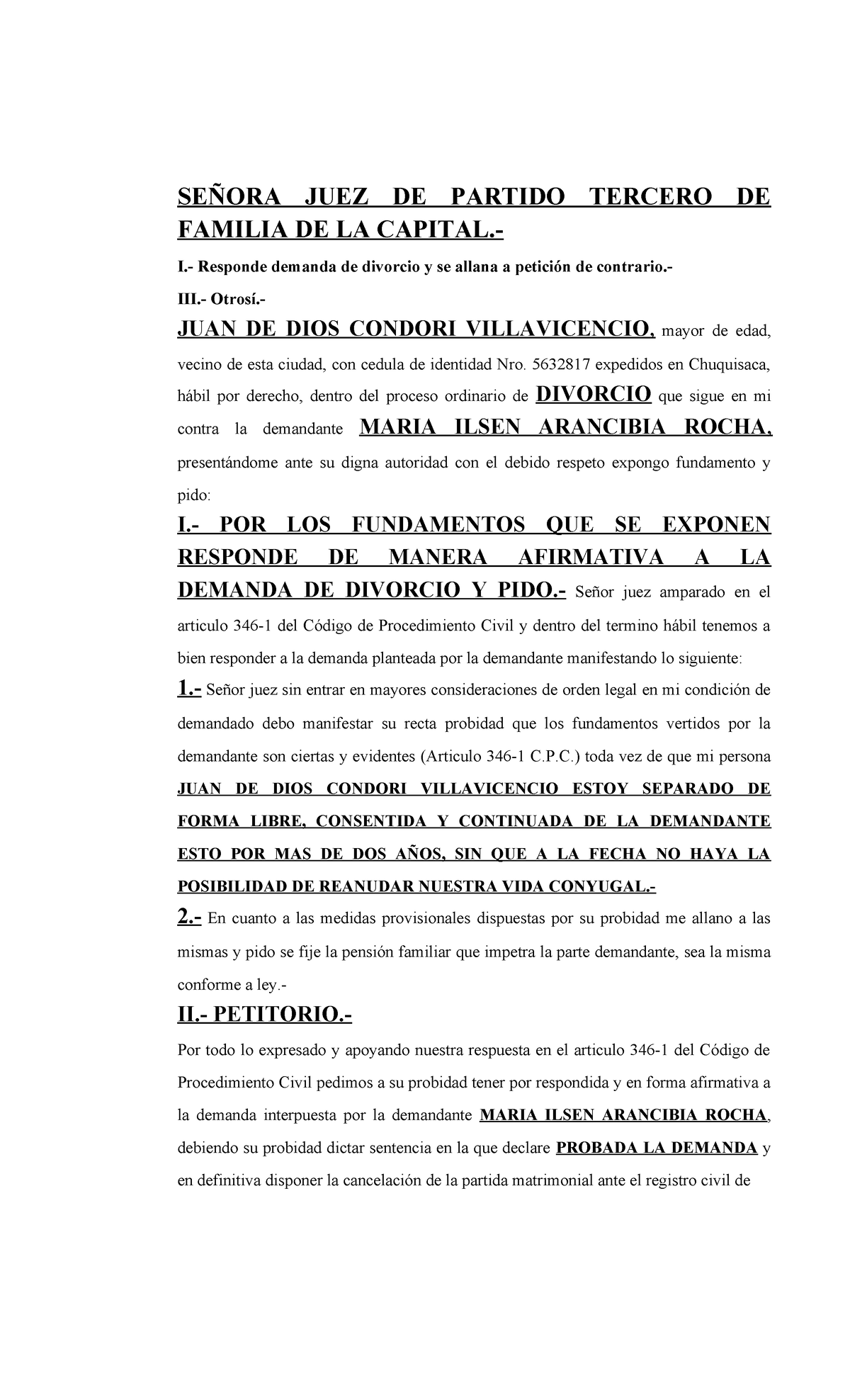 Respuesta Demanda DE Divorcio-JUAN DE DIOS Condori - SEÑORA JUEZ DE ...