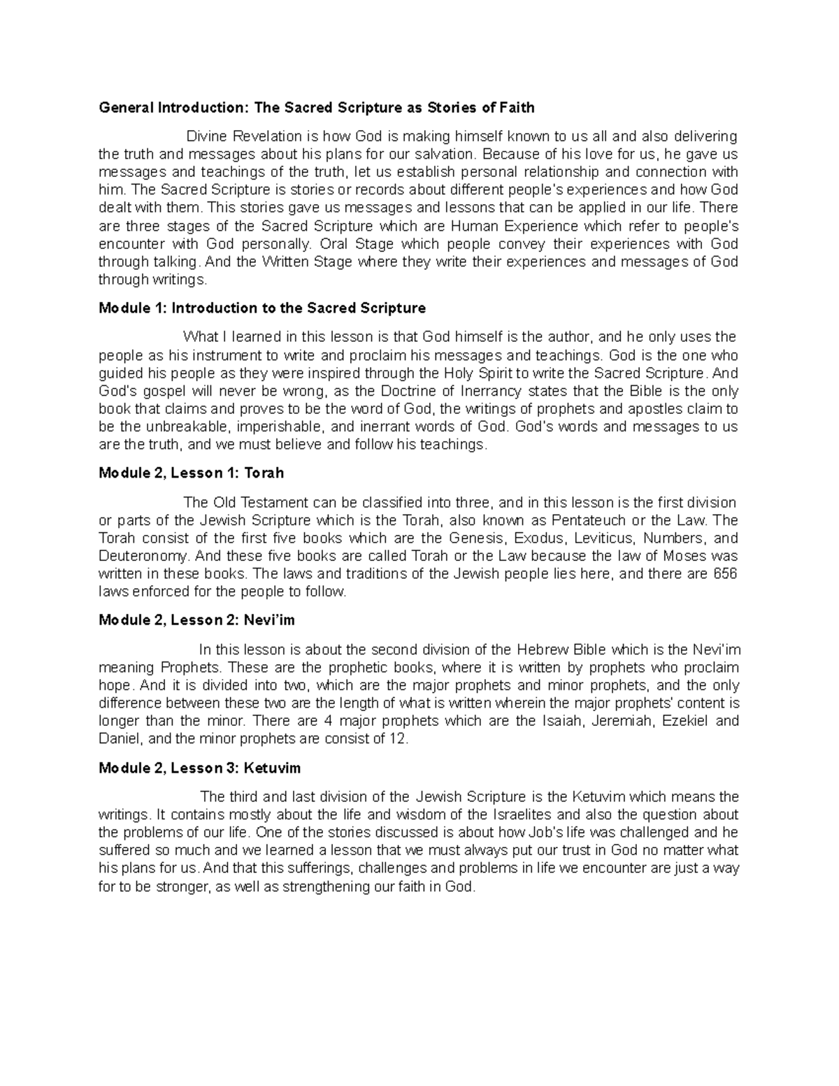 Summary of learnings per lesson - General Introduction: The Sacred ...