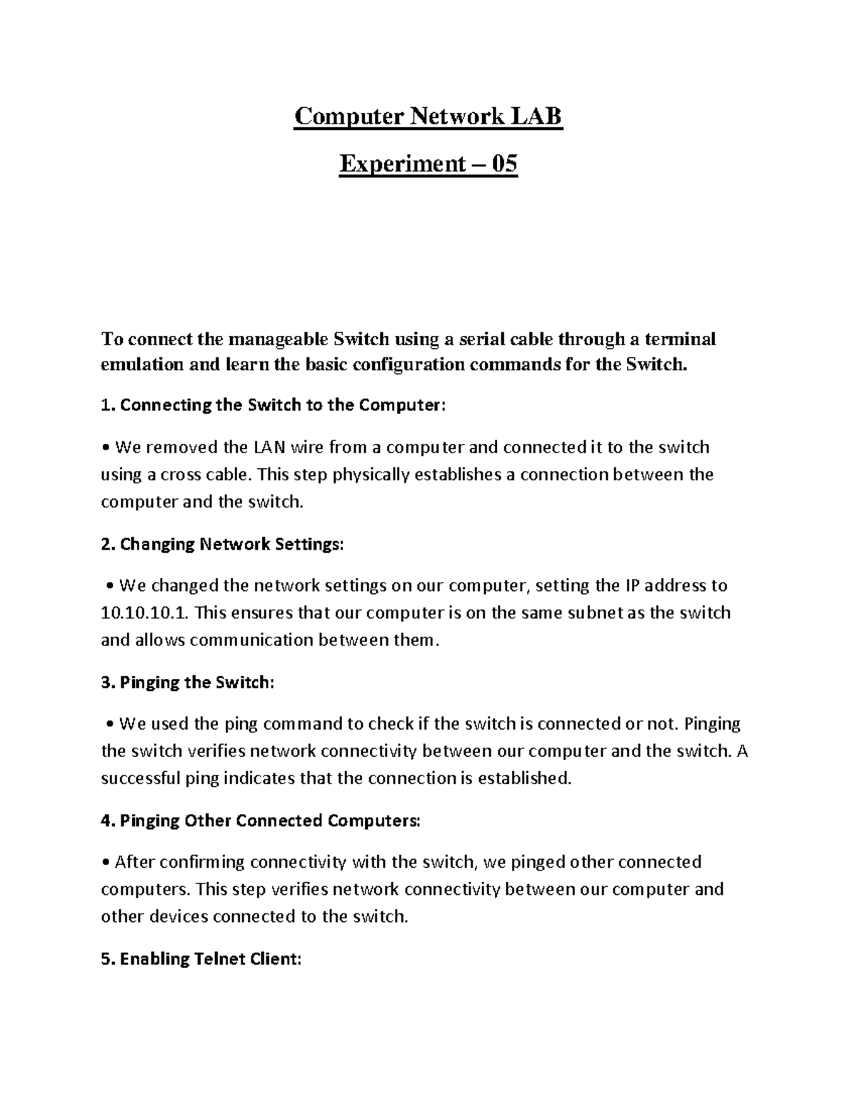 Computer Network LAB 5 - gud materials - Computer Network LAB Experiment – 05 To connect the ...