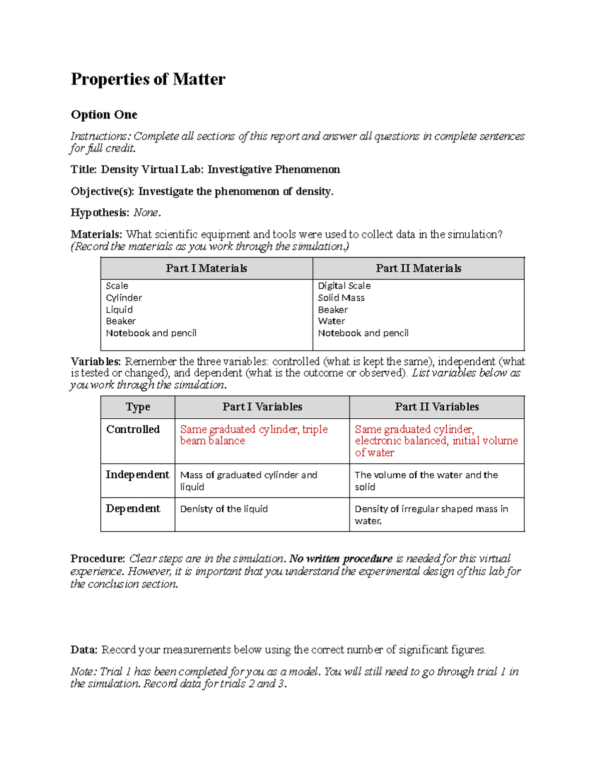 Properties matter option one report - Properties of Matter Option One ...