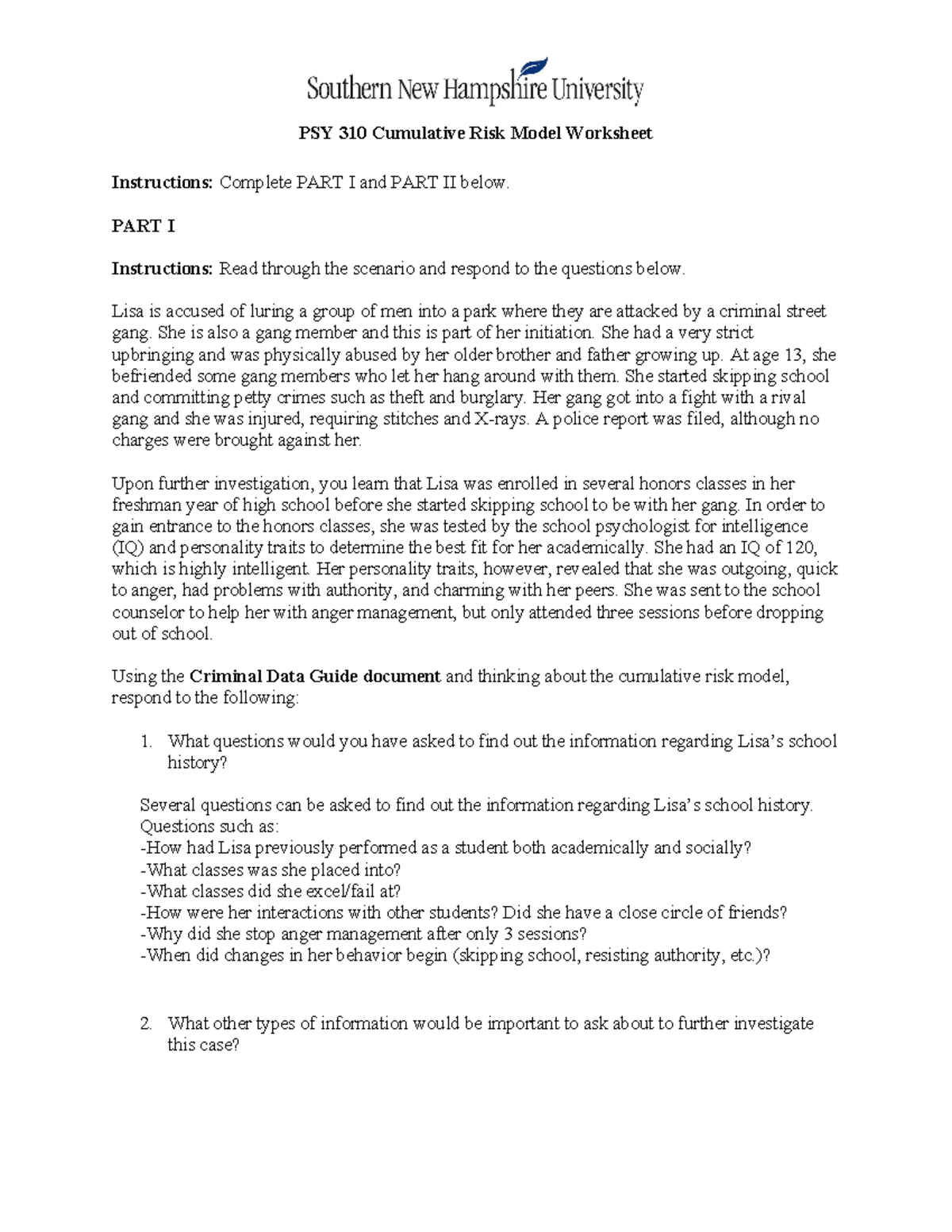 Cumulative Risk Model Worksheet - PSY 310 Cumulative Risk Model ...