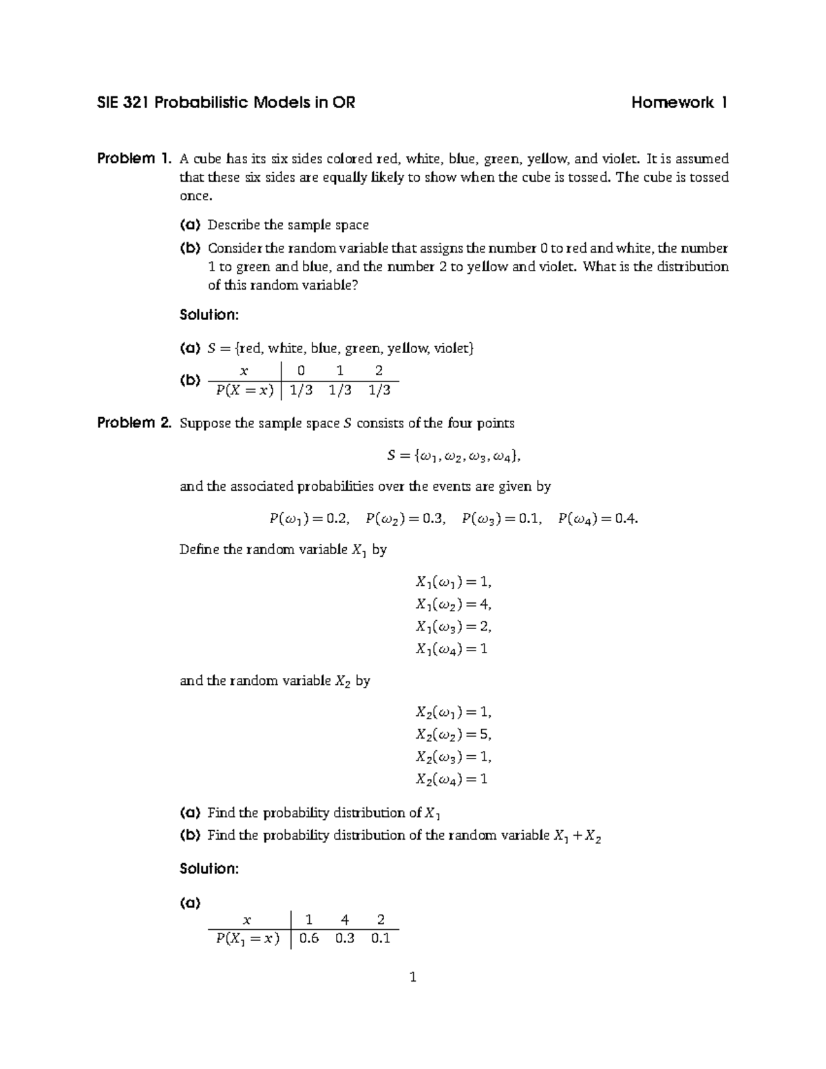HW1 solution - SIE 321 Probabilistic Models in OR Homework 1 Problem 1. A cube has its six sides ...