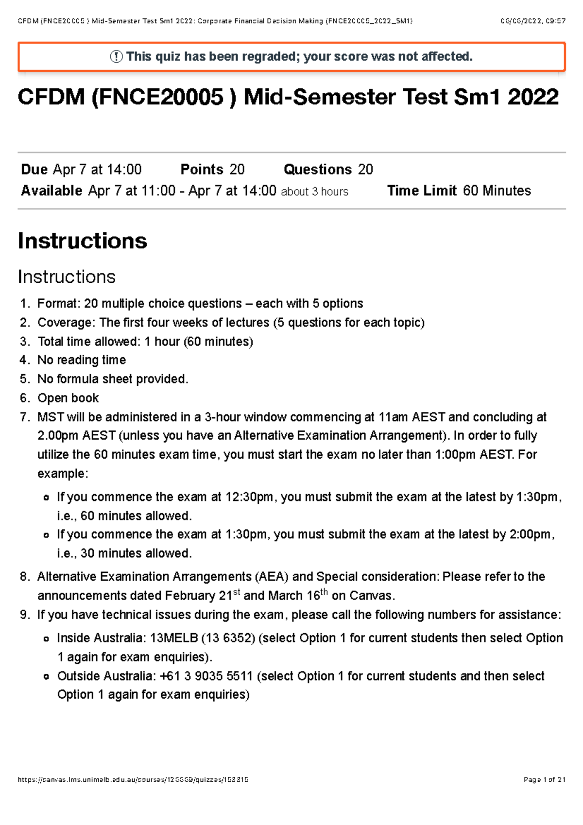 CFDM (FNCE2000 5 ) Mid-Semester Test Sm1 2022: Corporate Financial ...