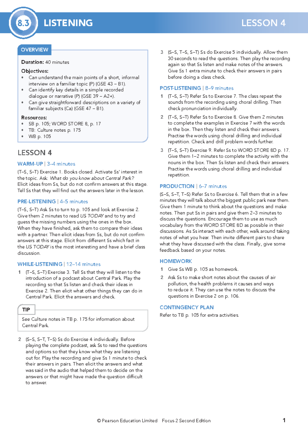 Focus 2 2E Lesson Plans U8 Lesson 4 Listening - © Pearson Education ...