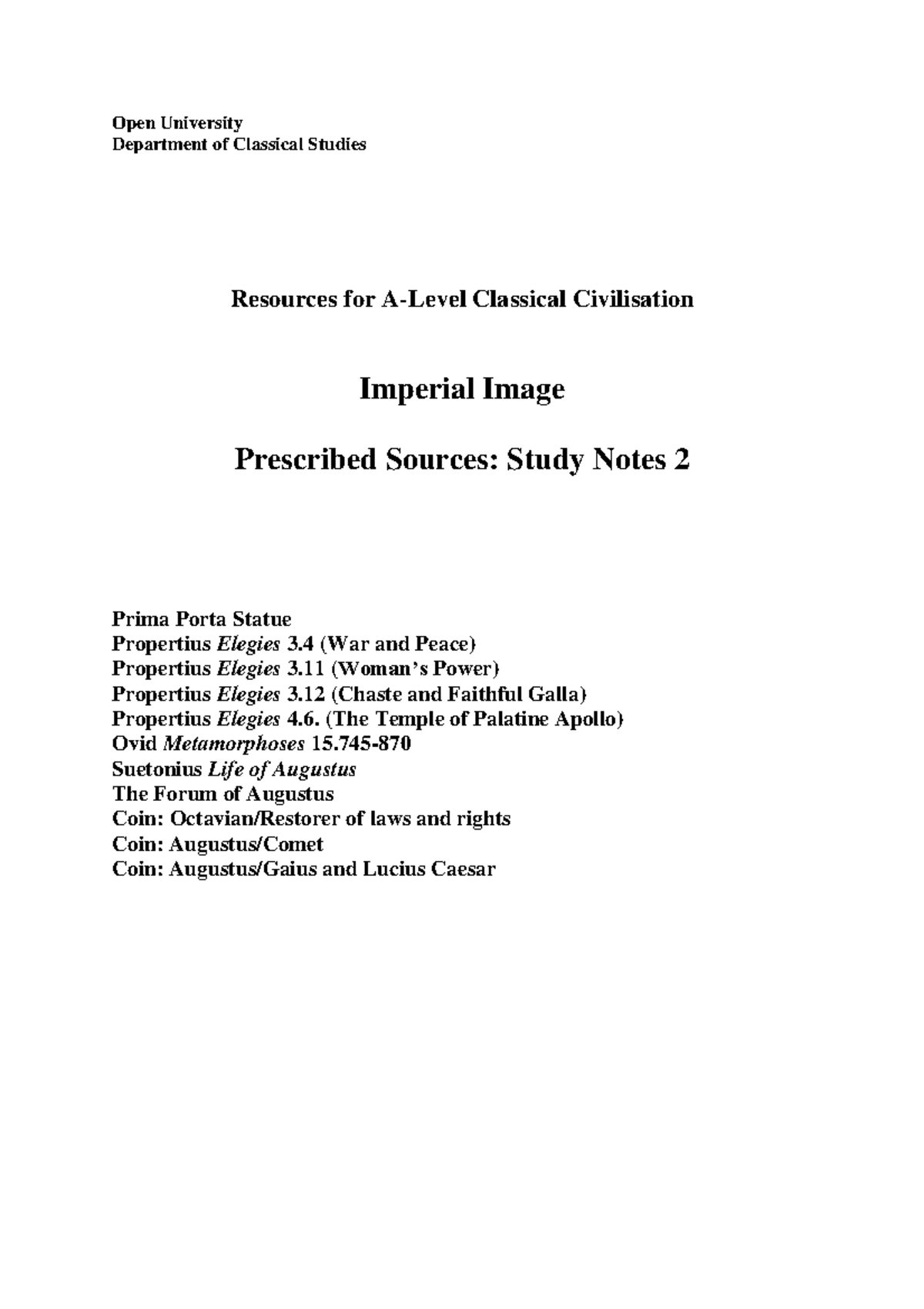 A Level Classical Civilisation Imperial Image - Prescribed Sources ...