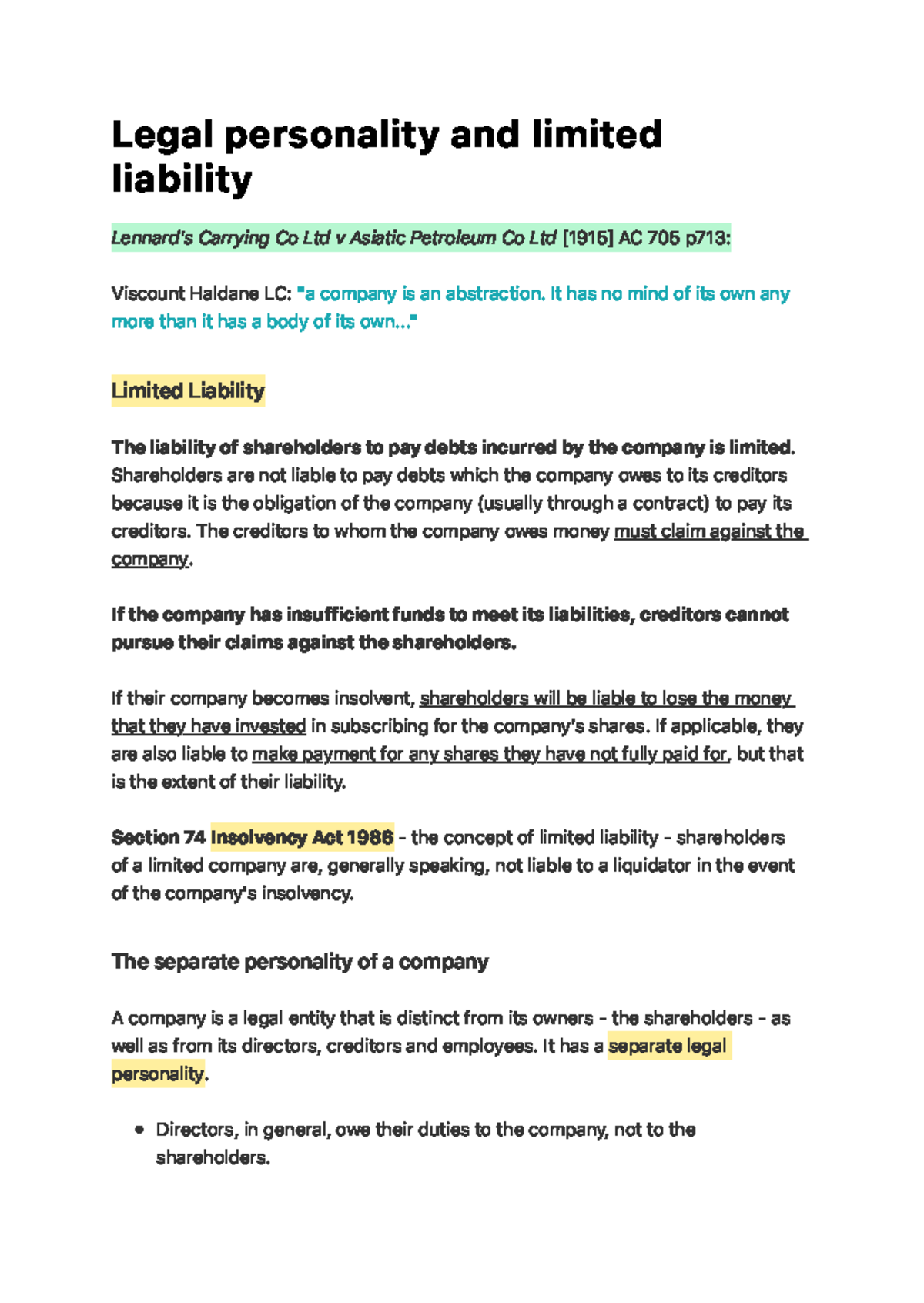 GDL COMPANY LAW WORKSHOP 2 - Legal personality and limited liability ...