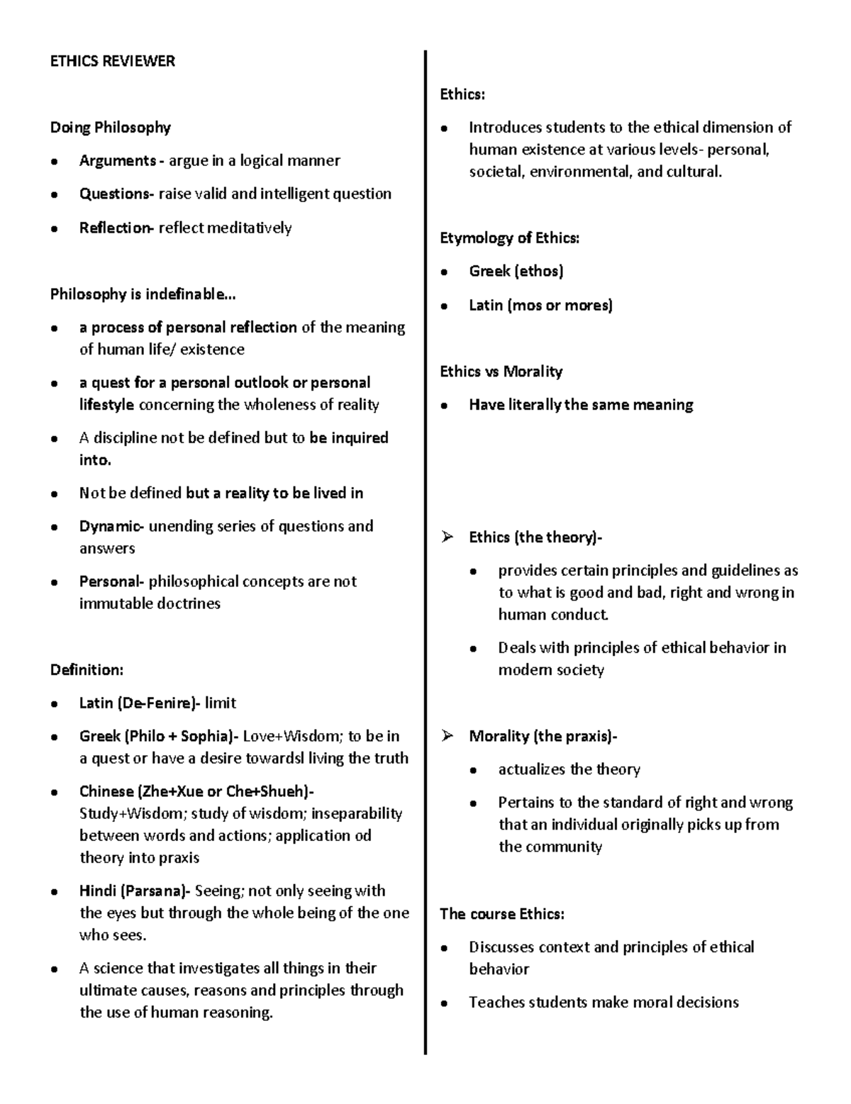 Ethics- Reviewer - ETHICS REVIEWER Doing Philosophy ⚫ Arguments - argue ...