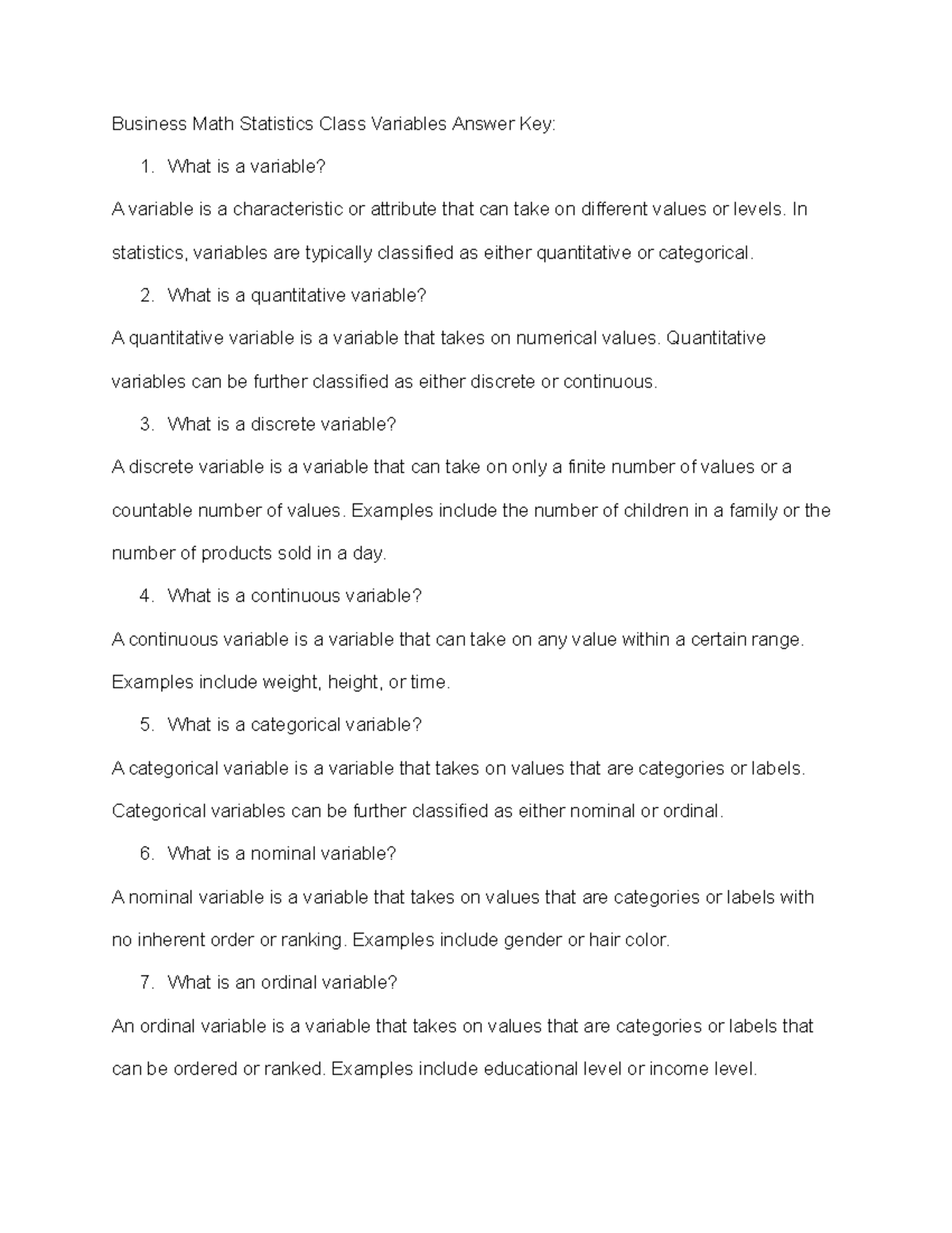 Business Math Statistics Class Variables Answer Key - What is a ...