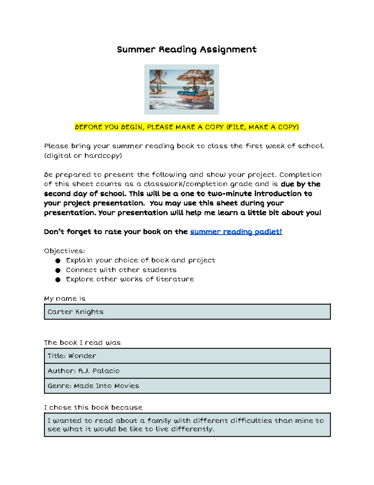 Copy of Summer Reading Presentation Worksheet - 🏖📚 Summer Reading ...