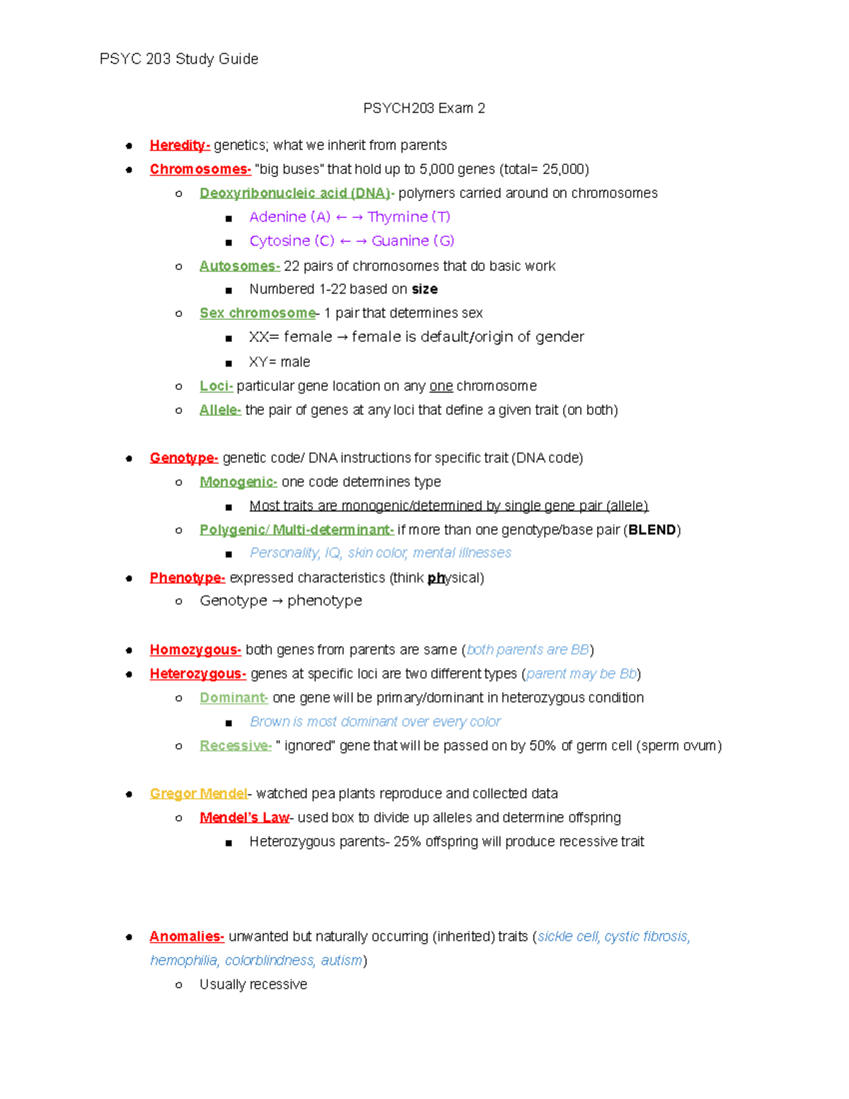 PSYC 203 Study Guide Unit 2 - PSYC 203 Study Guide PSYCH203 Exam 2 ...