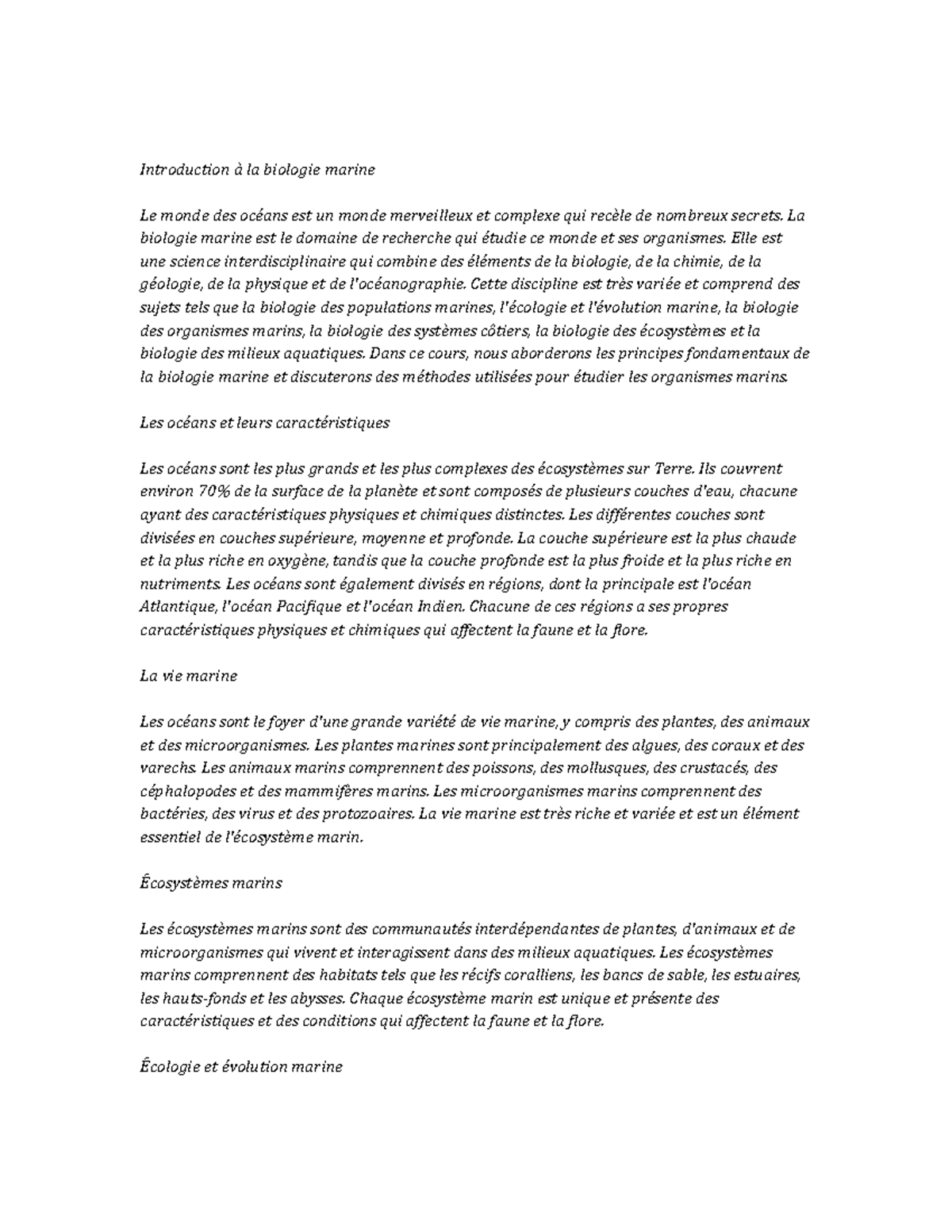 Marine Biology Study Notes - Introduction à la biologie marine Le monde ...