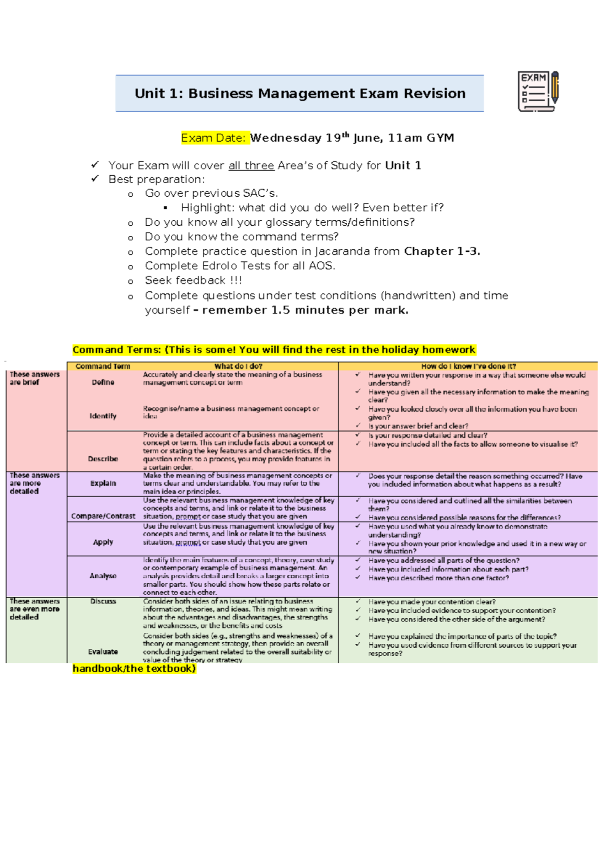 Unit 1 BM Exam Revision 2024 - Unit 1: Business Management Exam ...