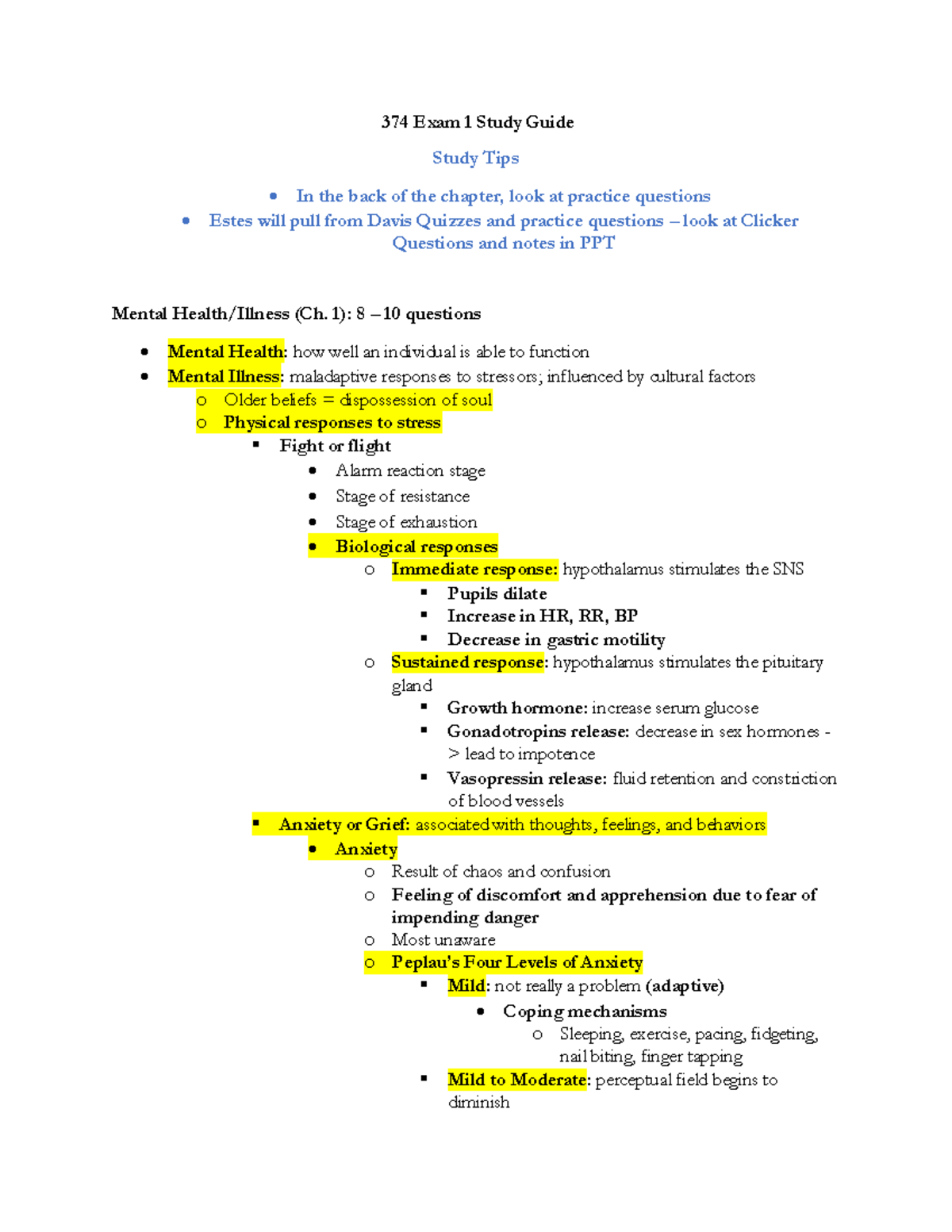 374 Exam 1 Study Guide - 374 Exam 1 Study Guide Study Tips In the back ...