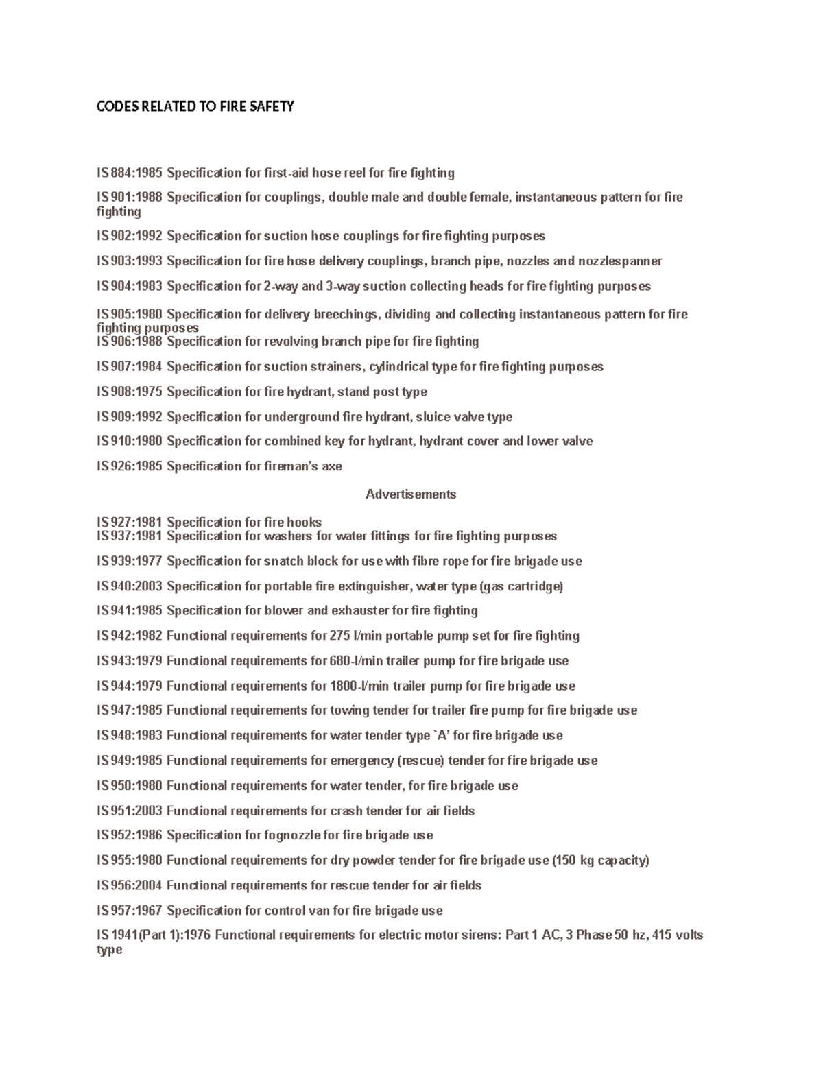 Codes Related TO FIRE Safety - CODES RELATED TO FIRE SAFETY IS 884:1985 ...