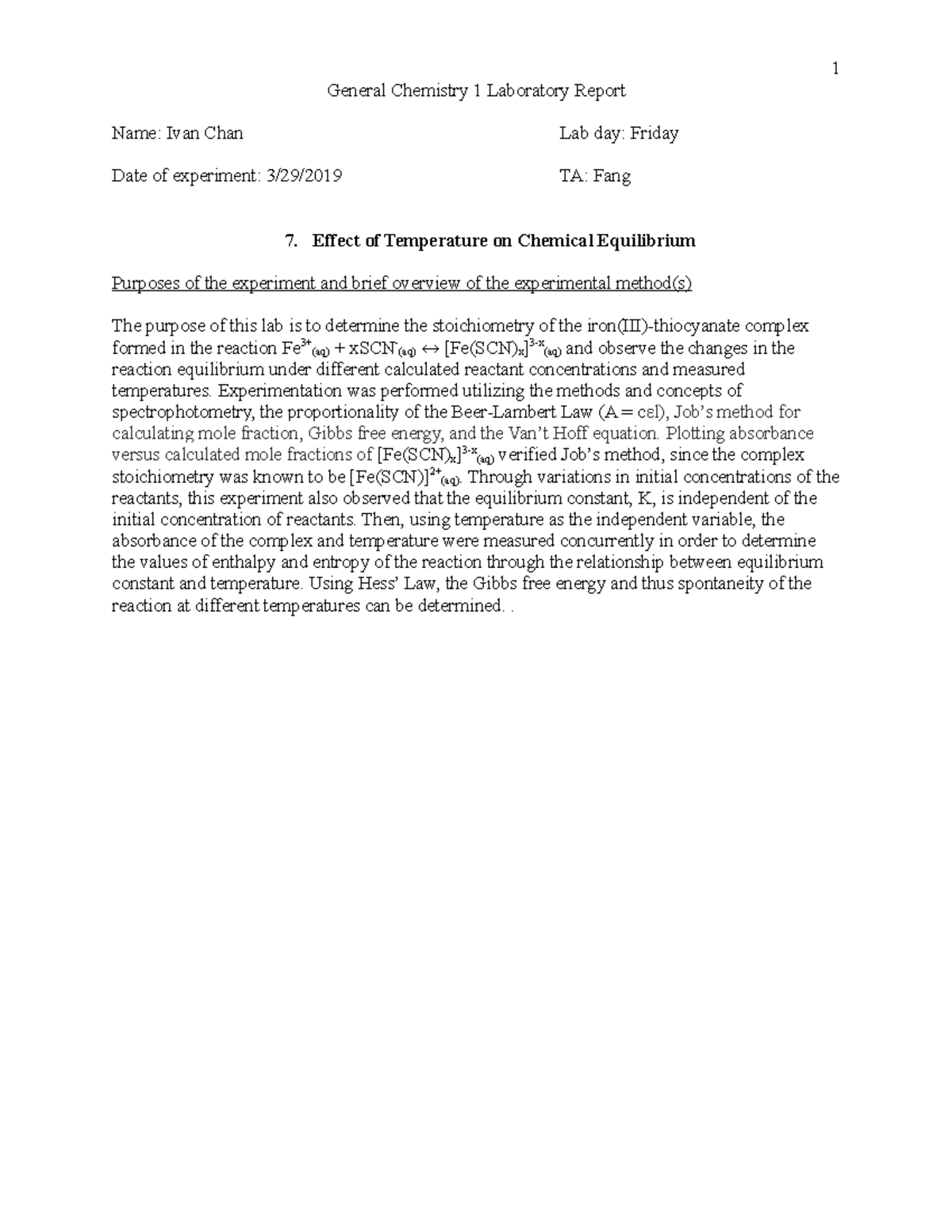 Lab Report Ex 7 Temperature on Equilibrium - General Chemistry 1 ...