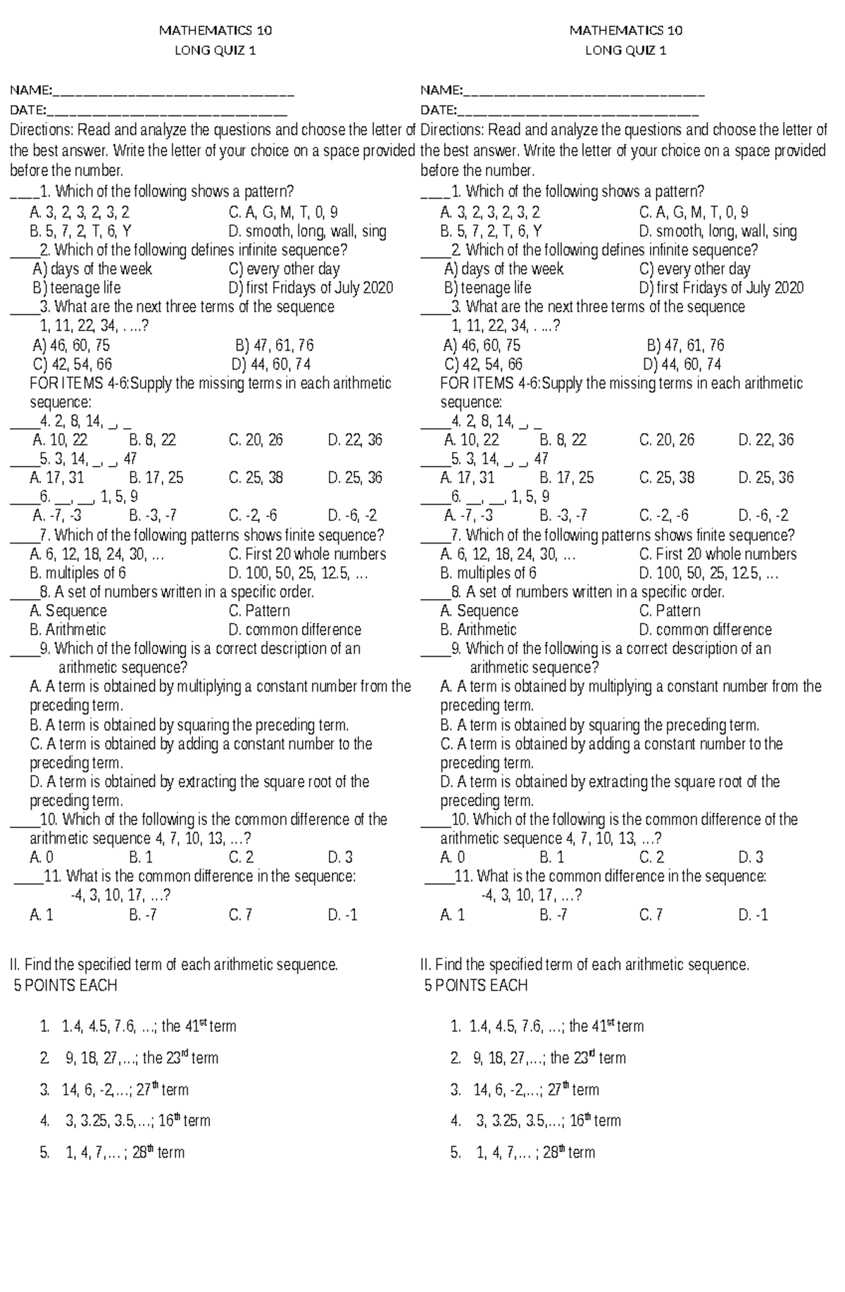Long quiz 1 - I hope it could help. - MATHEMATICS 10 LONG QUIZ 1 - Studocu