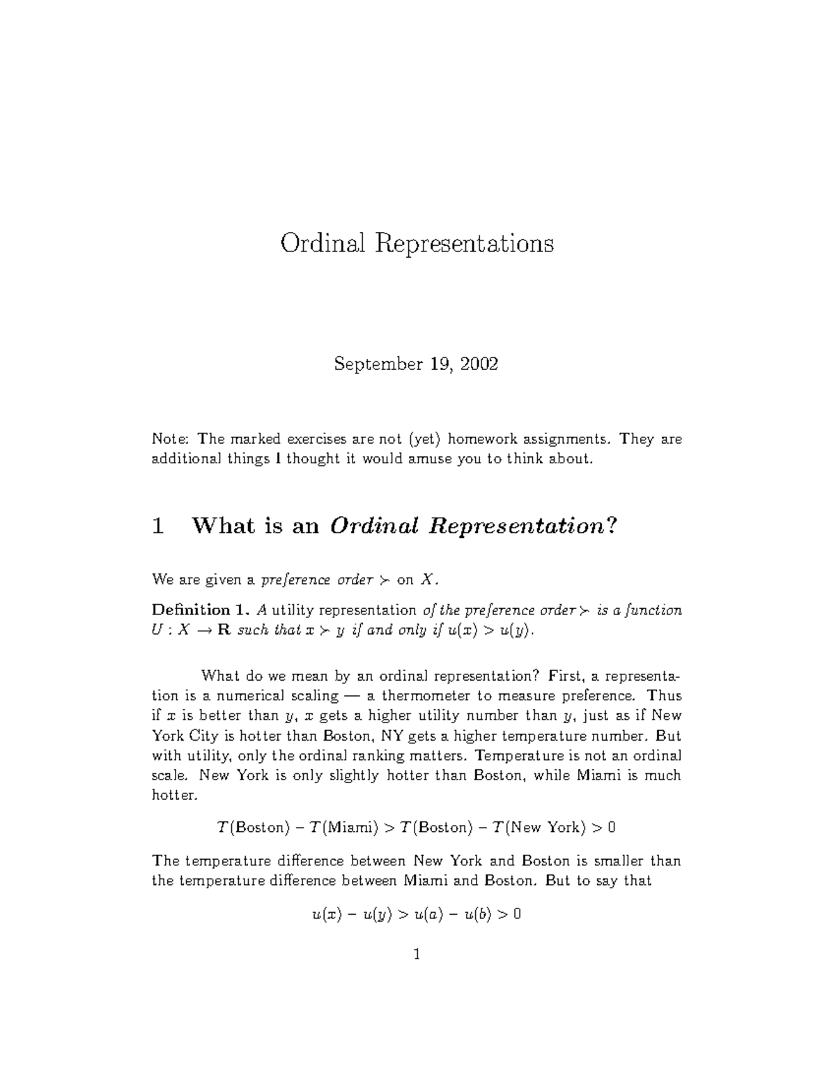 Lecture Notes Lecture Ordinal Representations Ordinal