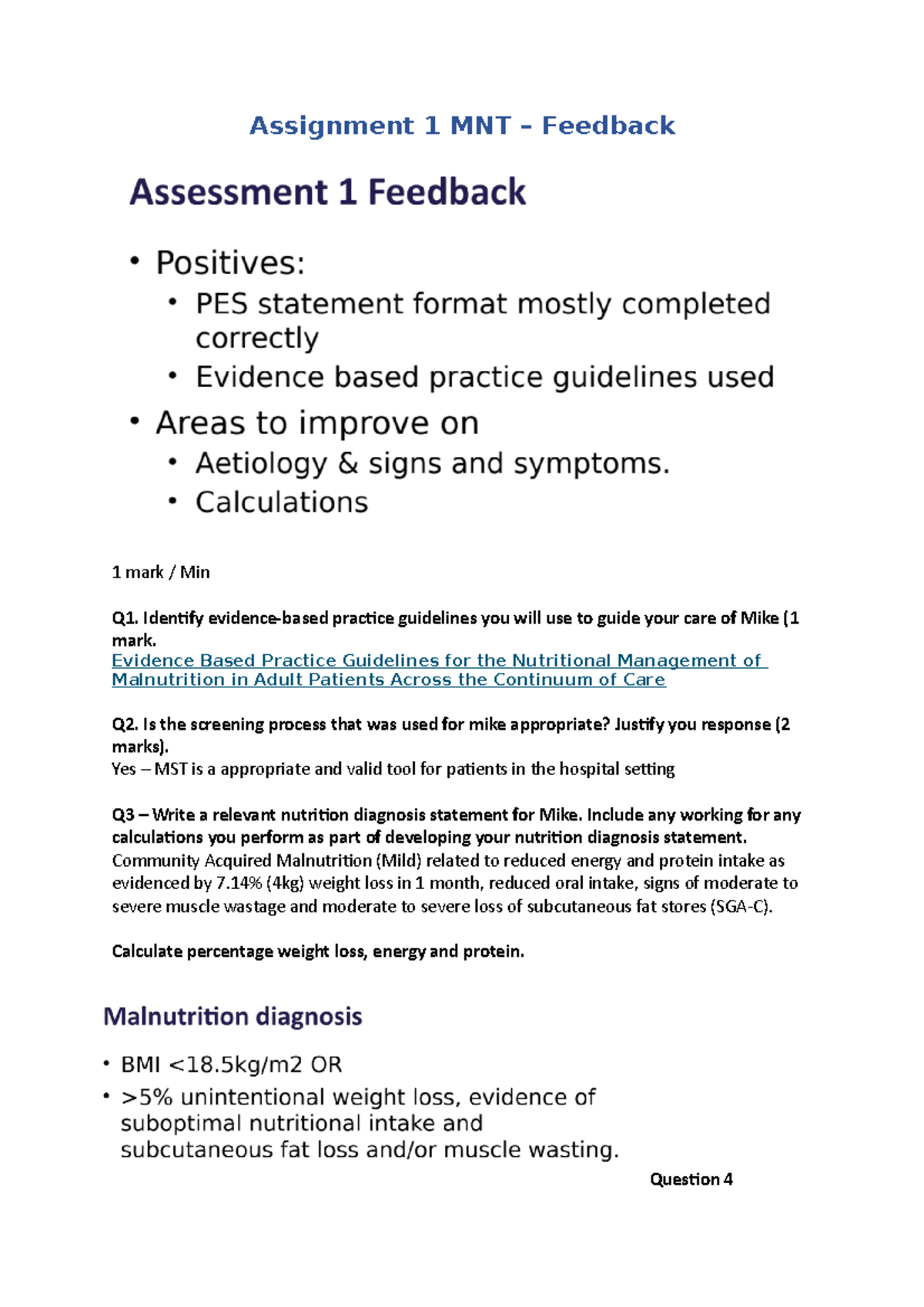 Assignment 1 Nutrition - Assignment 1 MNT – Feedback 1 mark / Min Q1 ...