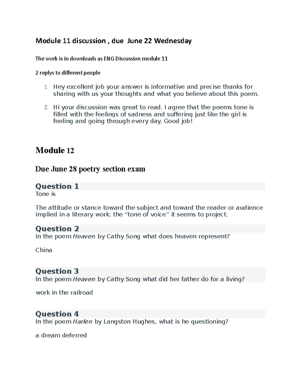 English semester all work - Module 11 discussion , due June 22 ...