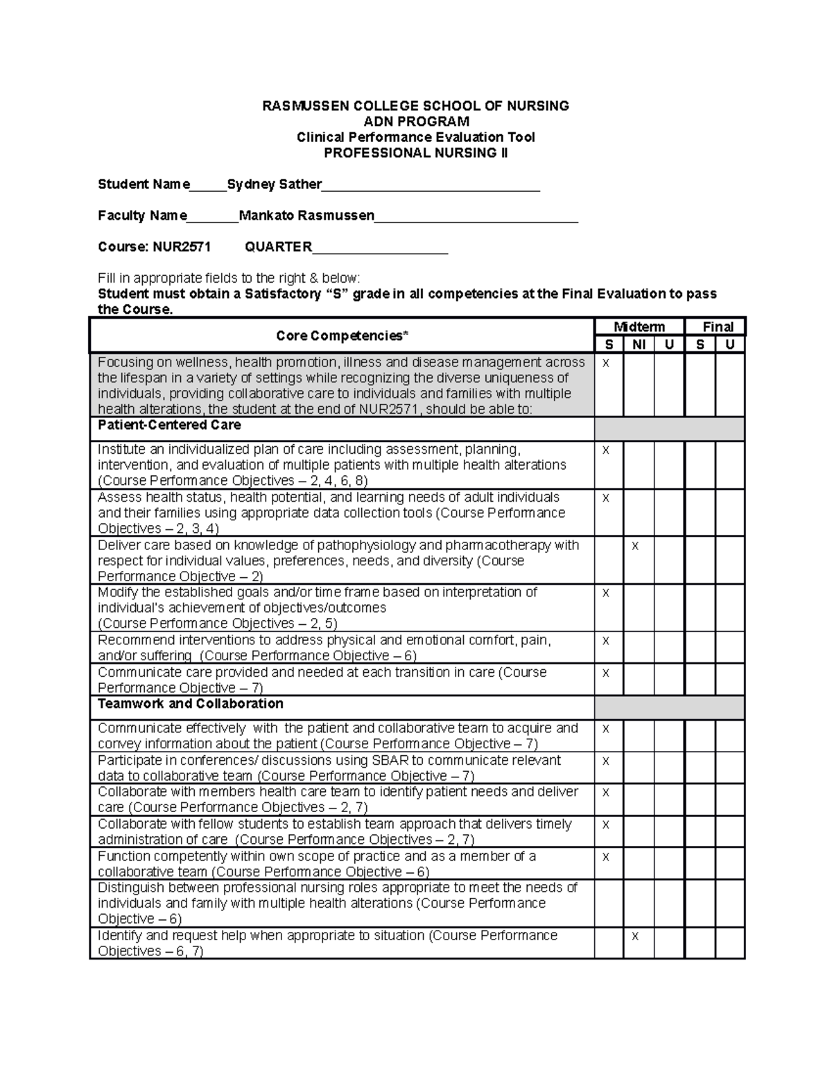 NUR2571 Clinical Performance Eval Tool (1) - RASMUSSEN COLLEGE SCHOOL ...