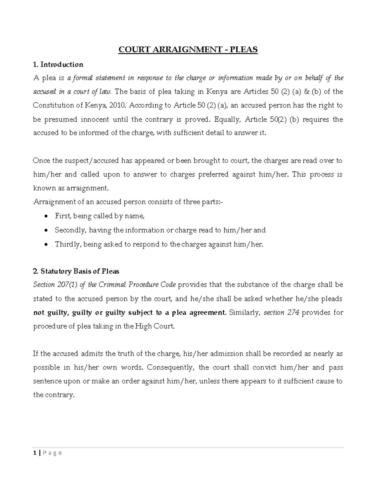 Arraignment Notes - COURT ARRAIGNMENT - PLEAS Introduction A plea is a ...