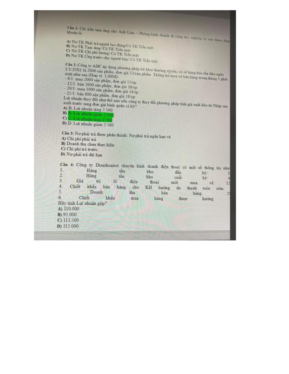 Đề 4 NLKT CQ K63 ngày 26 - Đề 3 NLKT CQ K63 ngày 26 - khoàn Câu 1: là: Chi ti en tam úng cho Anh ...