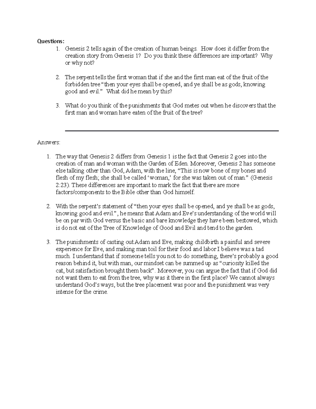 Reading questions 2 - Answers regarding Genesis Ch. 1 and 2: 1. Genesis ...