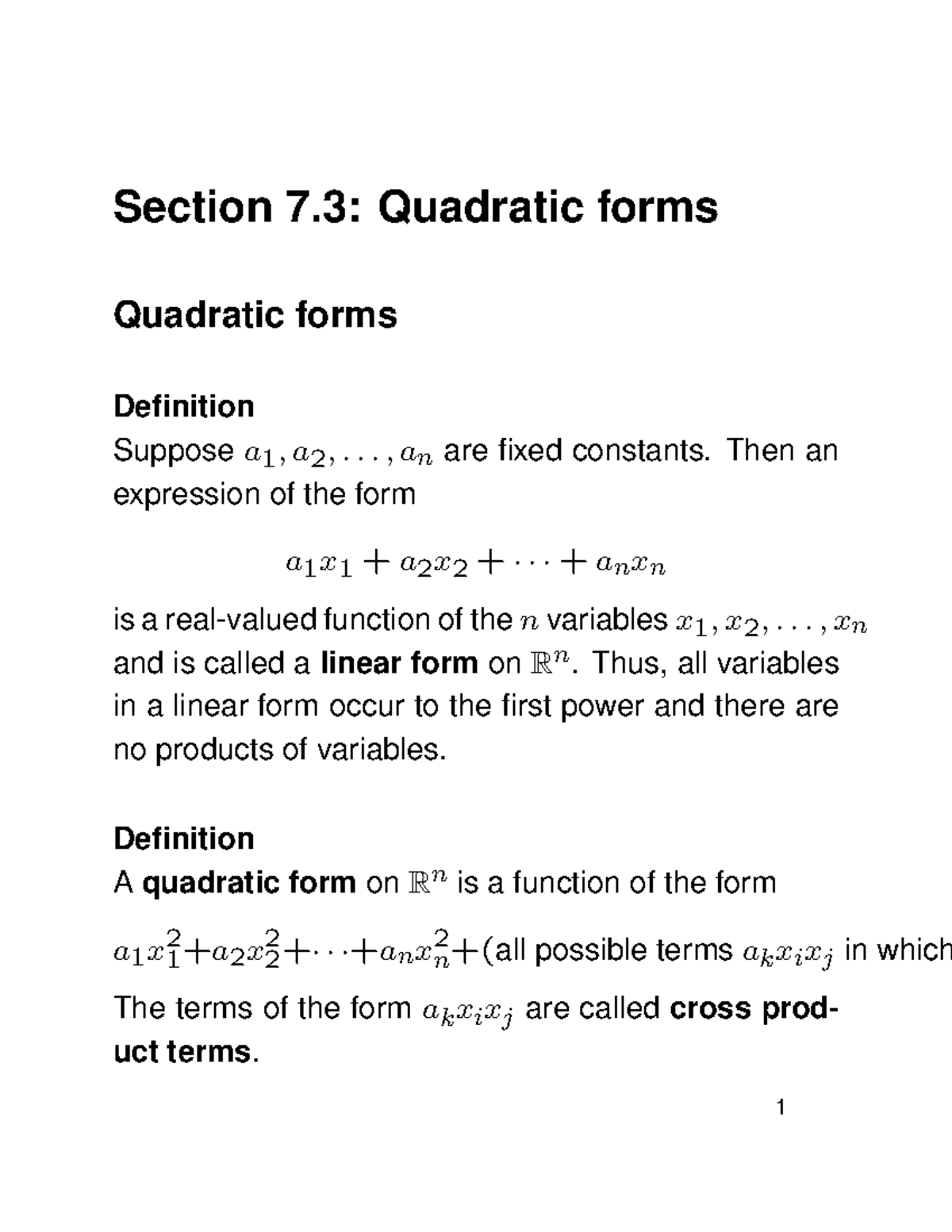 Section 7 - Quadratic Forms - Section 7: Quadratic forms Quadratic ...