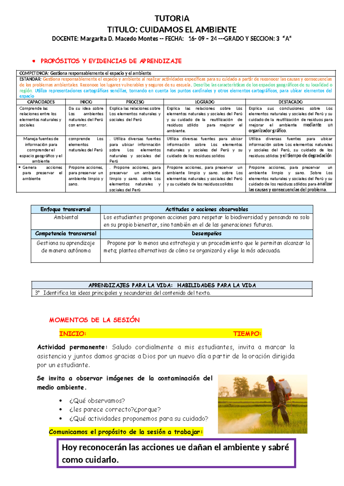 Tutoria - TUTORIA TITULO: CUIDAMOS EL AMBIENTE DOCENTE: Margarita D ...