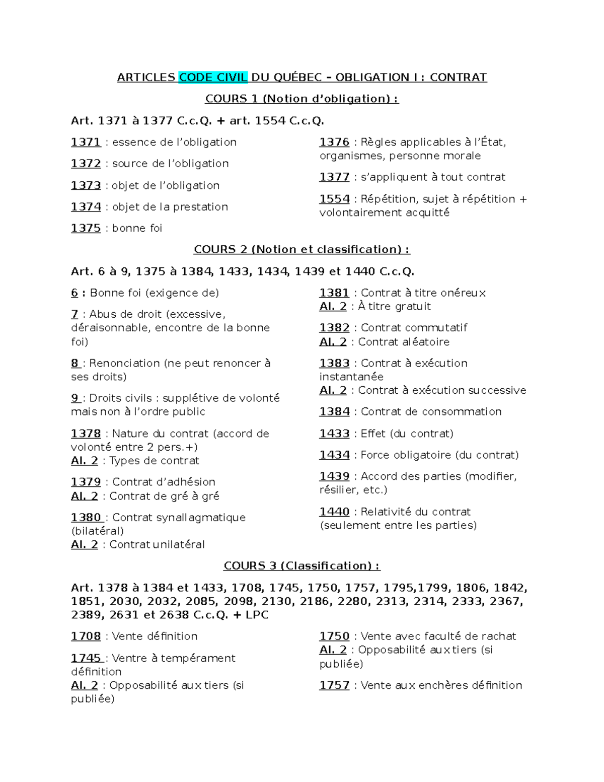 Articles CODE Civil DU Québec Oblig I - ARTICLES CODE CIVIL DU QUÉBEC ...