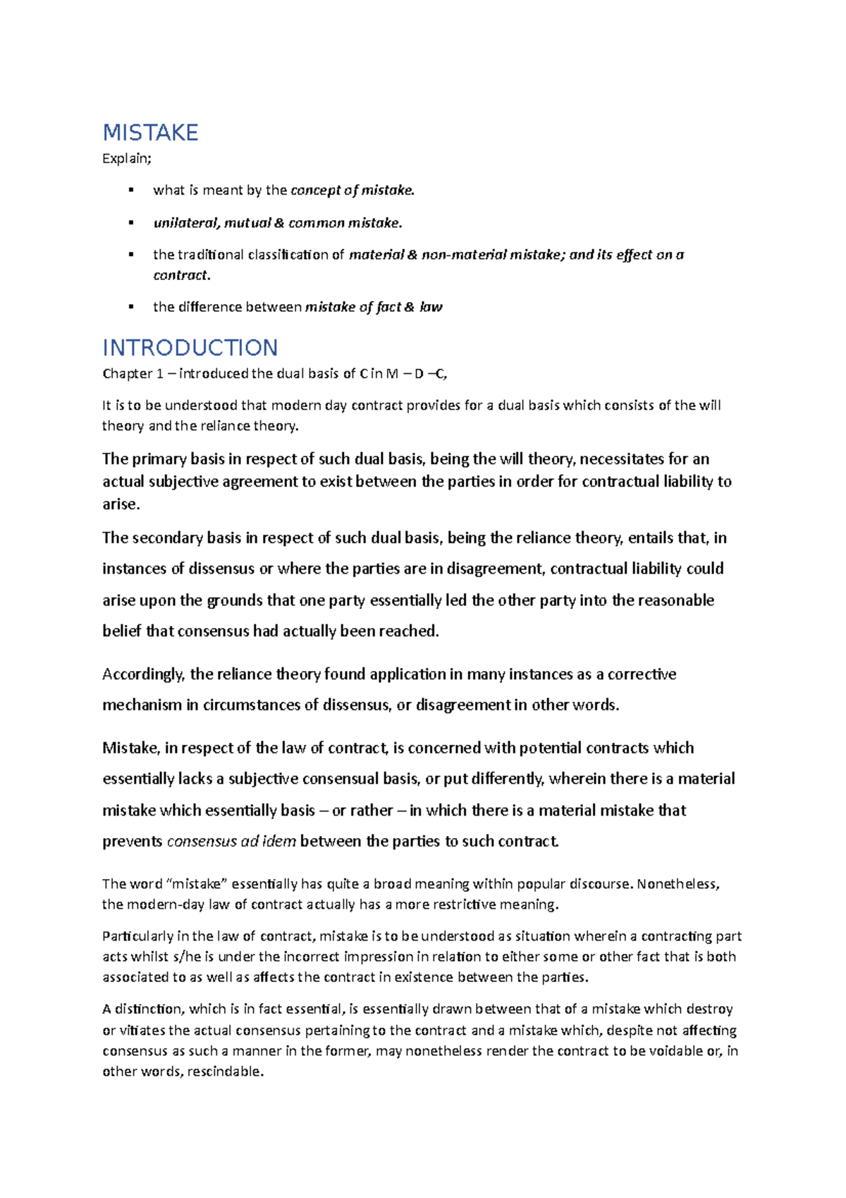Mistake - Lecture notes 5 - MISTAKE Explain; what is meant by the ...